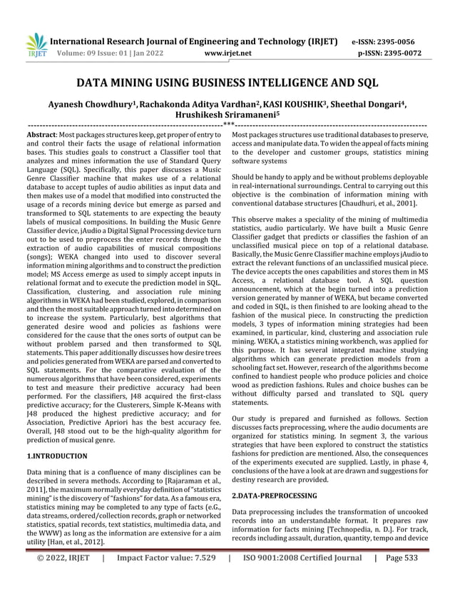 DATA MINING USING BUSINESS INTELLIGENCE AND SQL | PDF