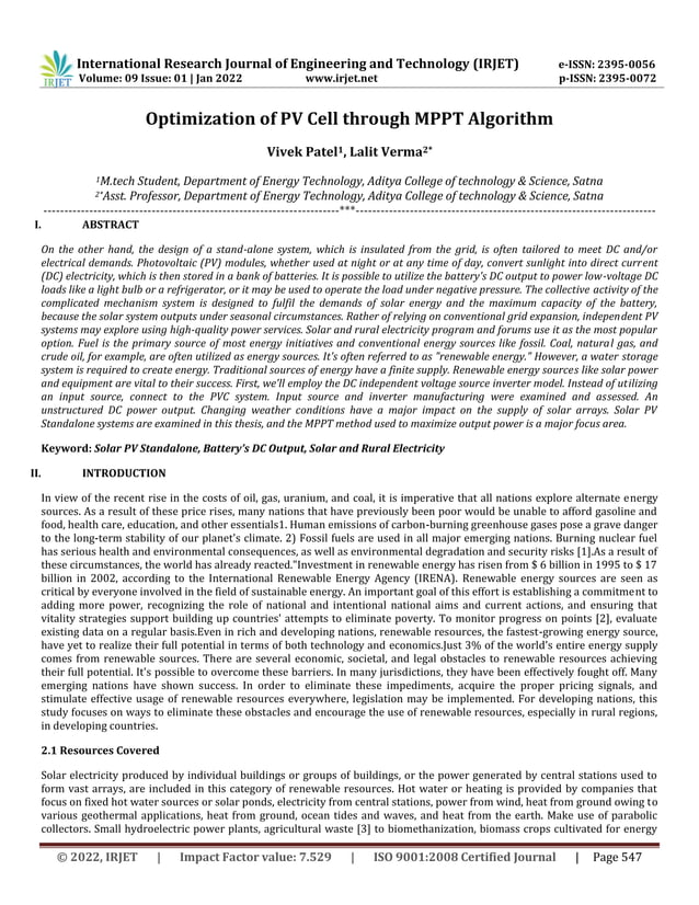 Optimization of PV Cell through MPPT Algorithm | PDF