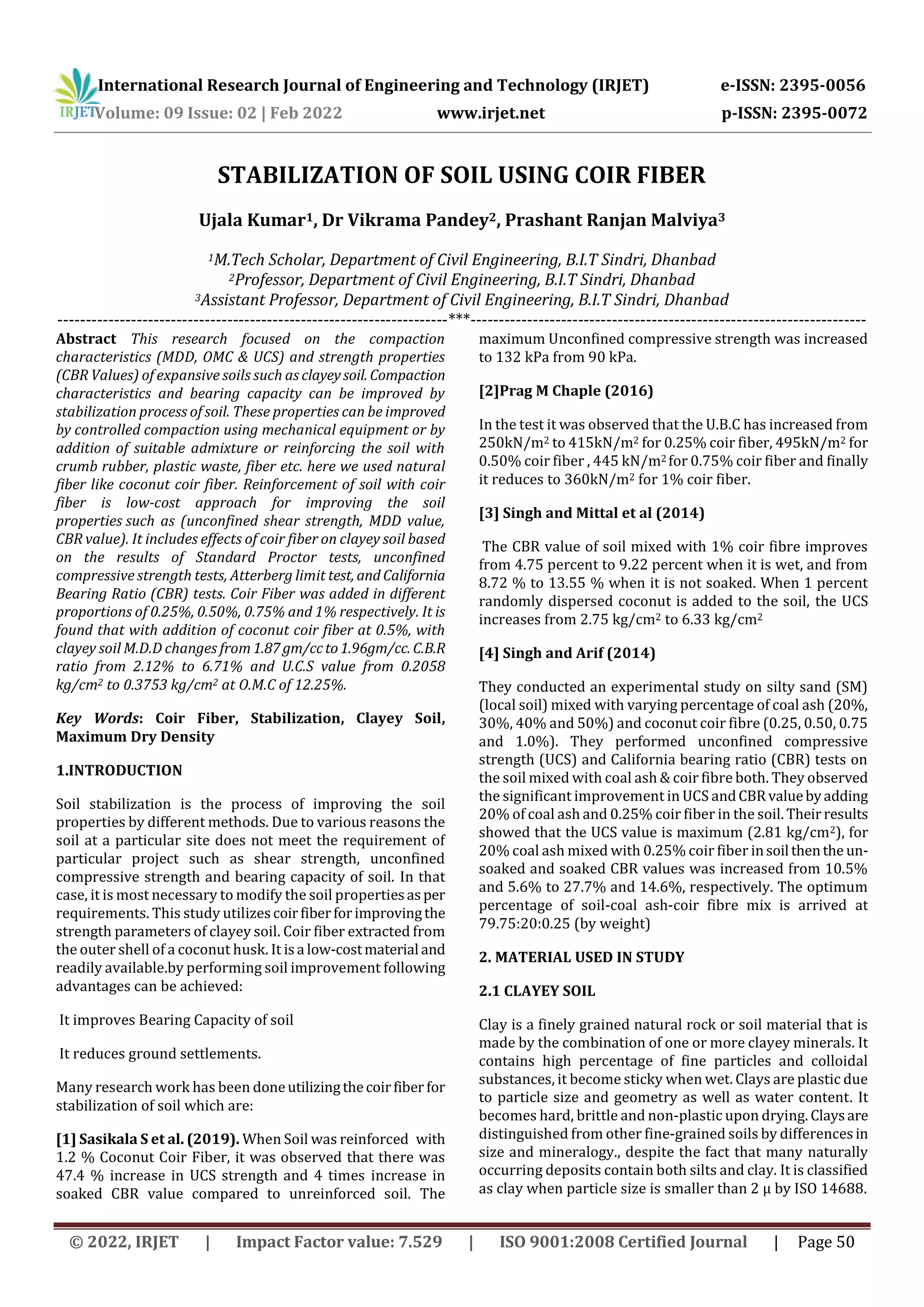 STABILIZATION OF SOIL USING COIR FIBER | PDF