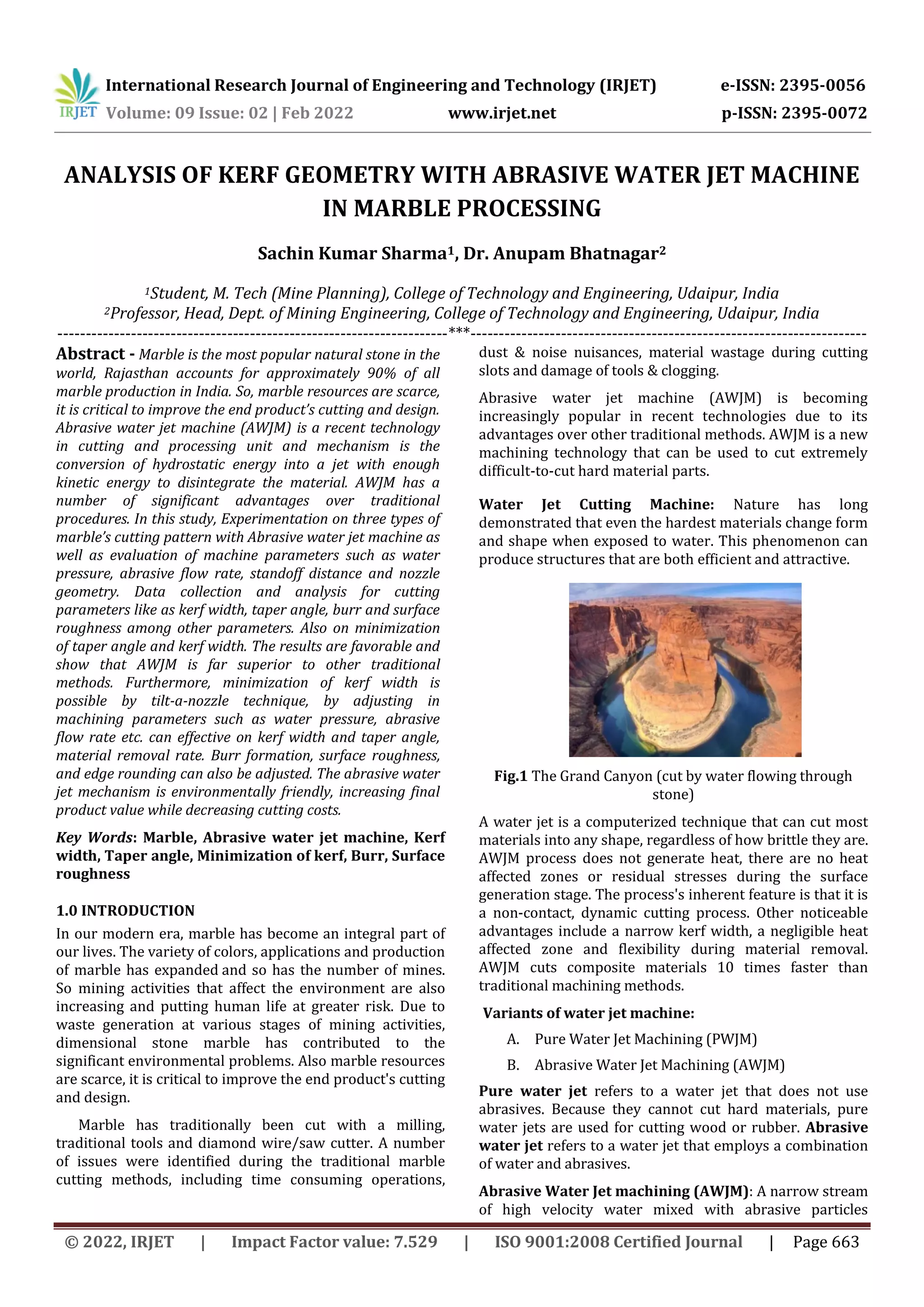 ANALYSIS OF KERF GEOMETRY WITH ABRASIVE WATER JET MACHINE IN MARBLE PROCESSING | PDF