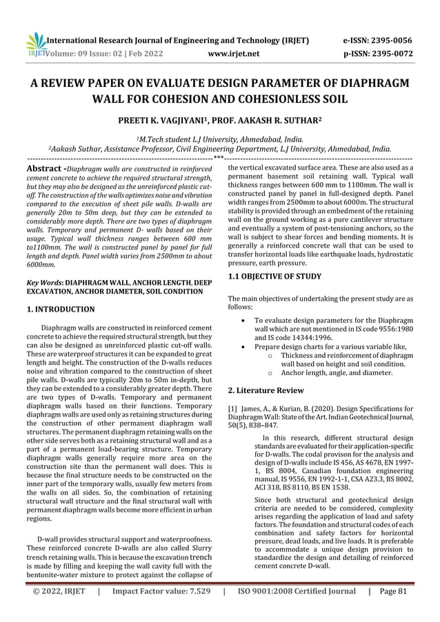 A REVIEW PAPER ON EVALUATE DESIGN PARAMETER OF DIAPHRAGM WALL FOR COHESION AND COHESIONLESS SOIL ...