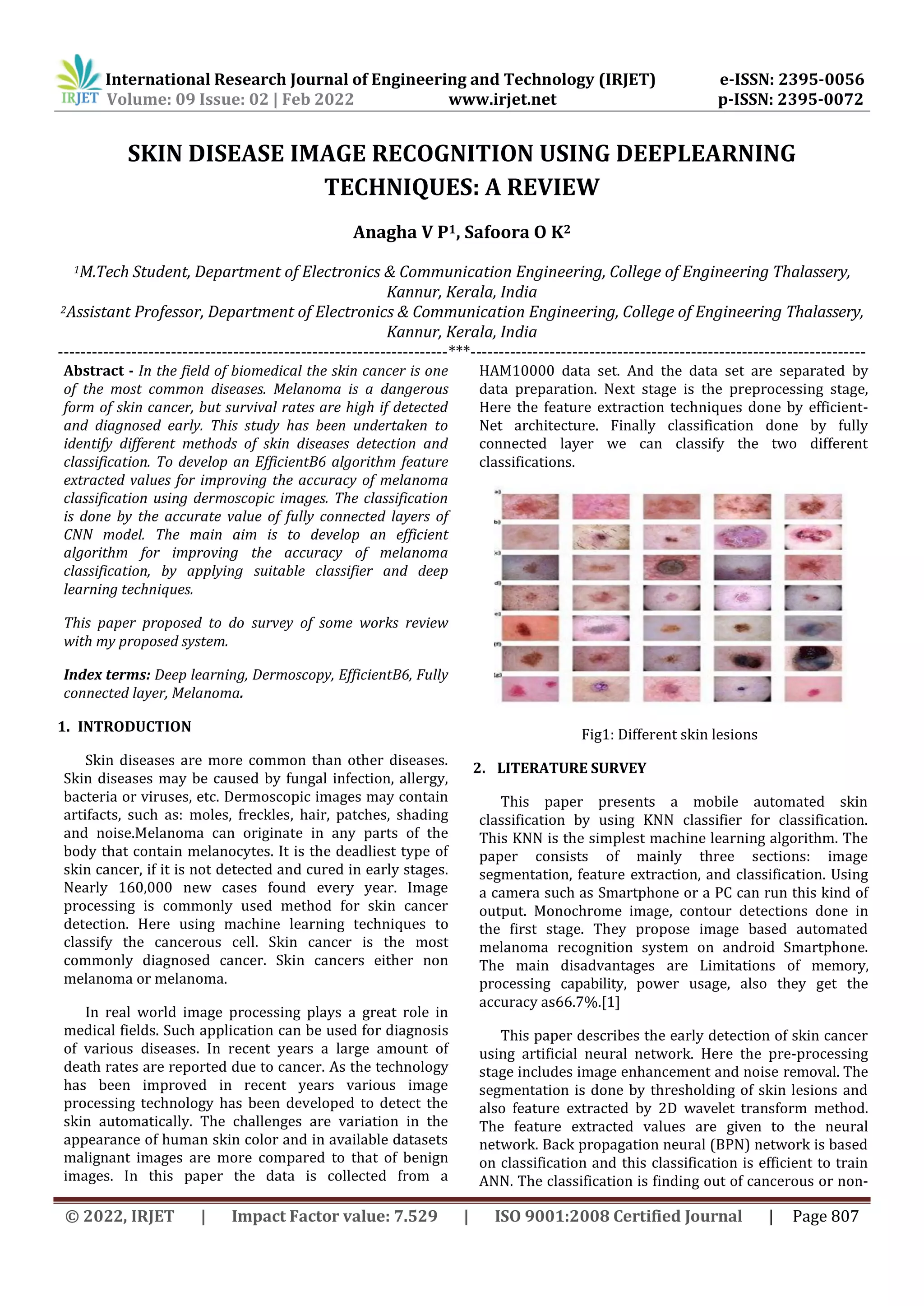 Skin Disease Image Recognition Using Deeplearning Techniques A Review