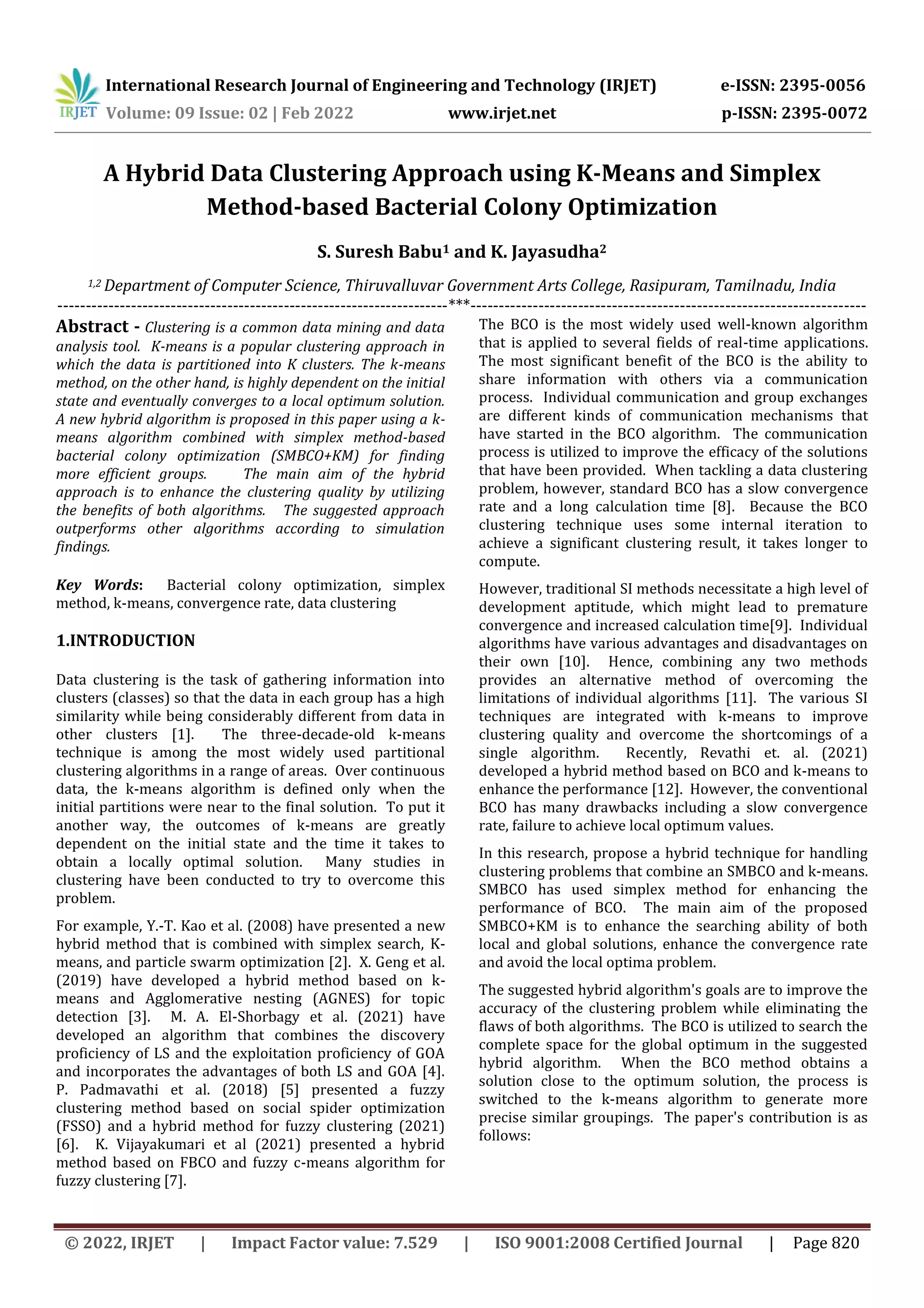 A Hybrid Data Clustering Approach Using K Means And Simplex Method