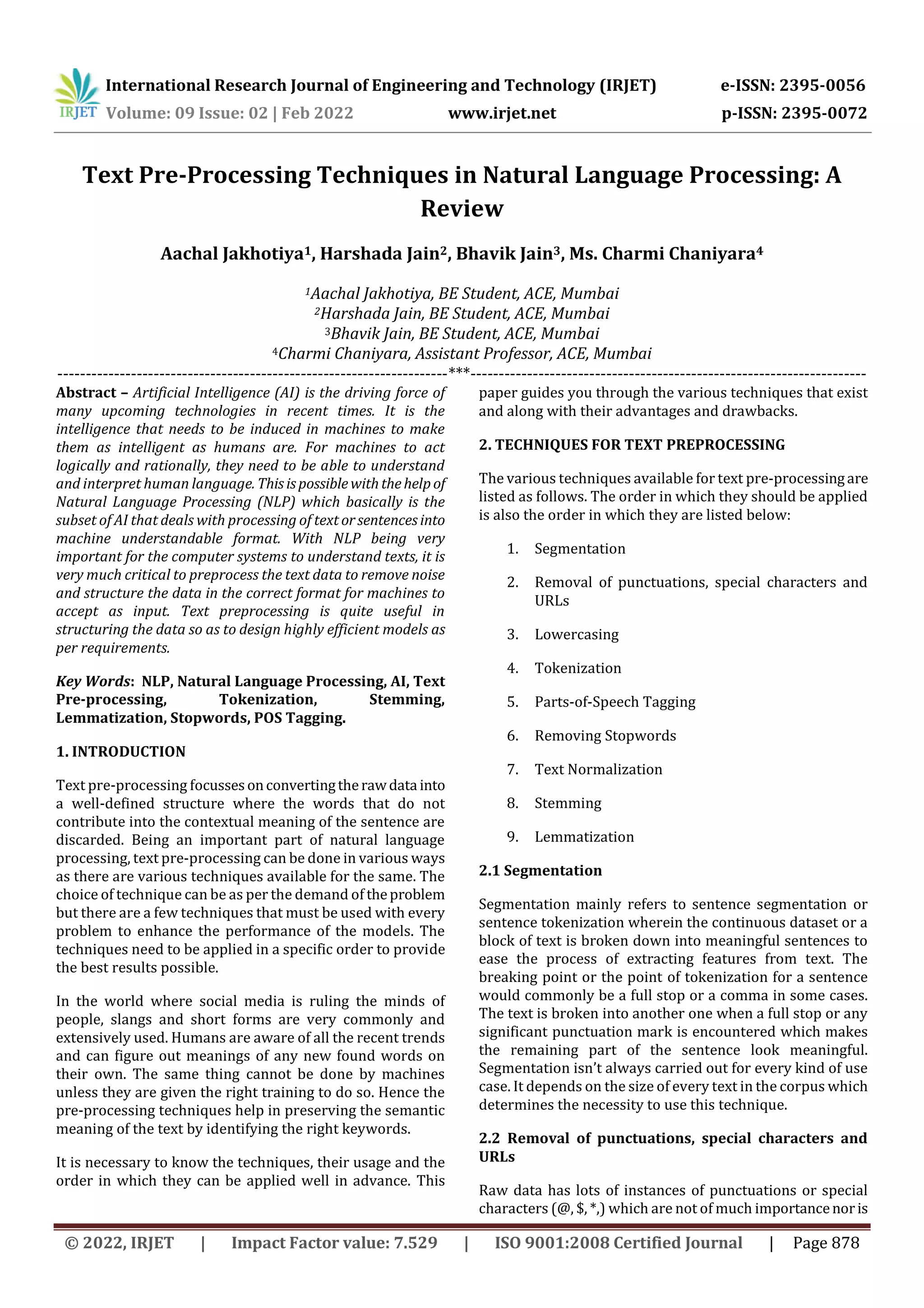 Text Pre-Processing Techniques in Natural Language Processing: A Review | PDF