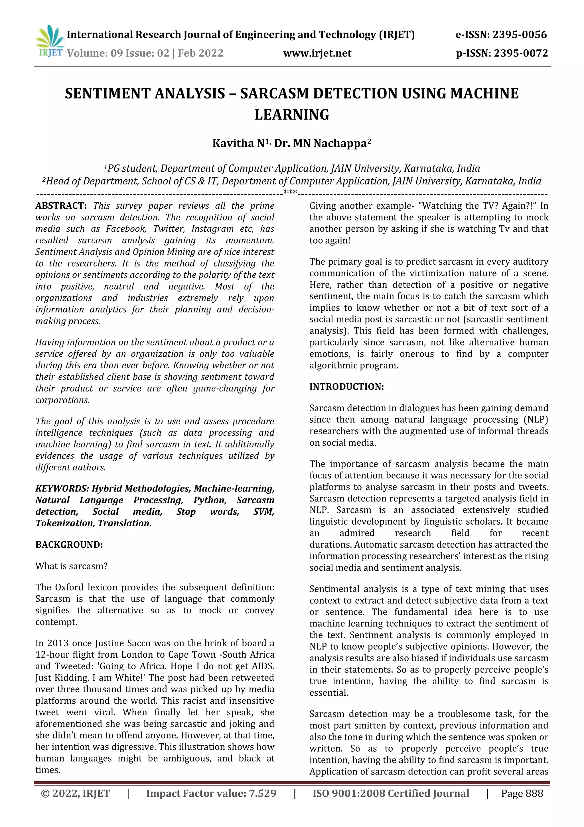 Sentiment Analysis Sarcasm Detection Using Machine Learning Pdf