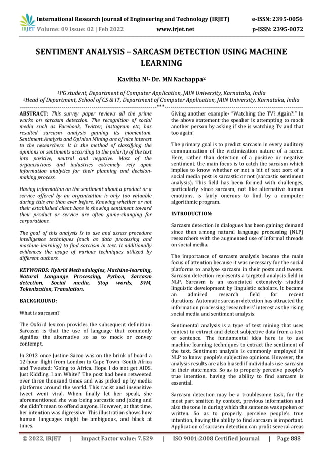SENTIMENT ANALYSIS – SARCASM DETECTION USING MACHINE LEARNING | PDF