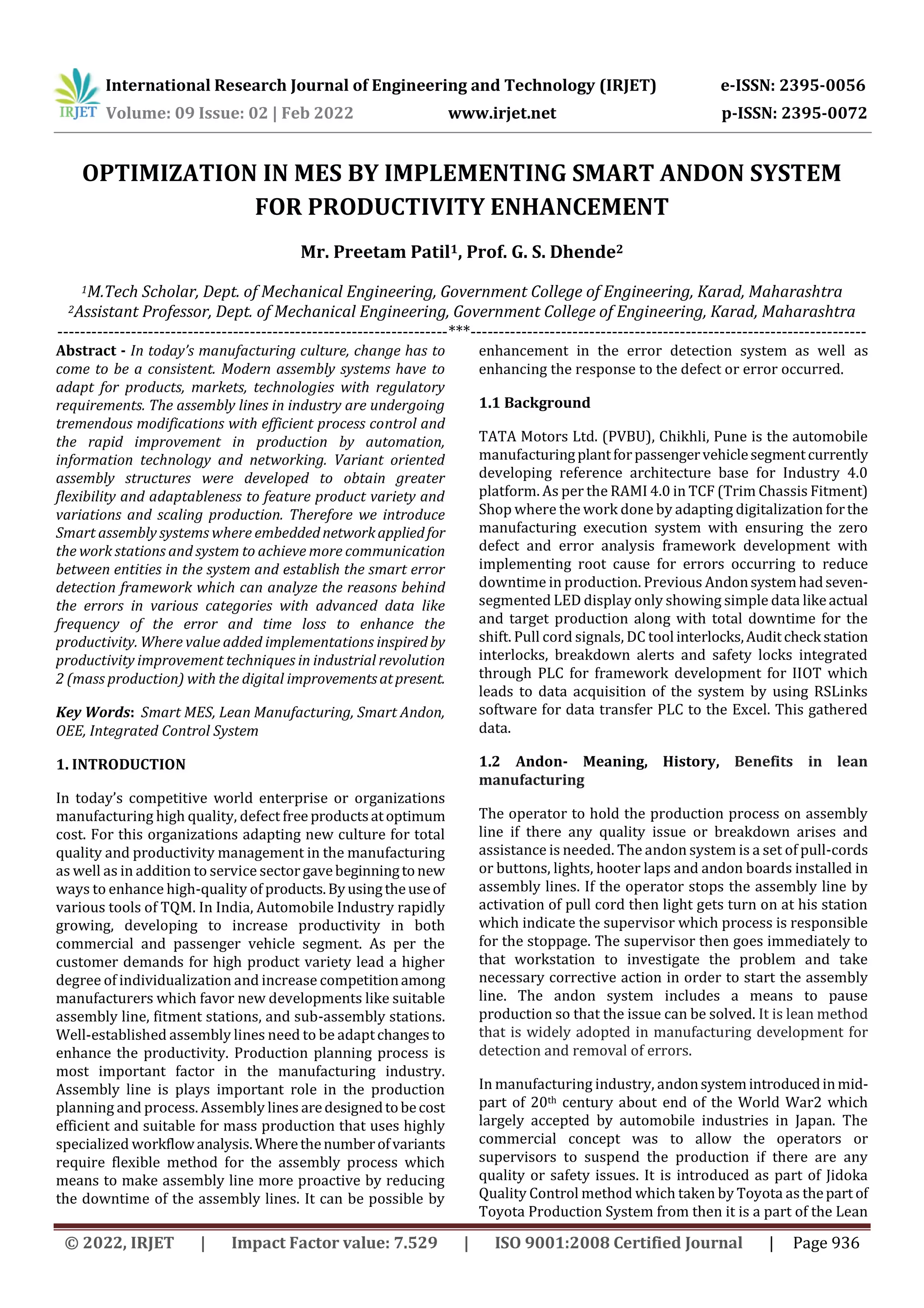 OPTIMIZATION IN MES BY IMPLEMENTING SMART ANDON SYSTEM FOR PRODUCTIVITY ENHANCEMENT | PDF