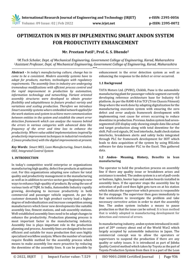 OPTIMIZATION IN MES BY IMPLEMENTING SMART ANDON SYSTEM FOR PRODUCTIVITY ...