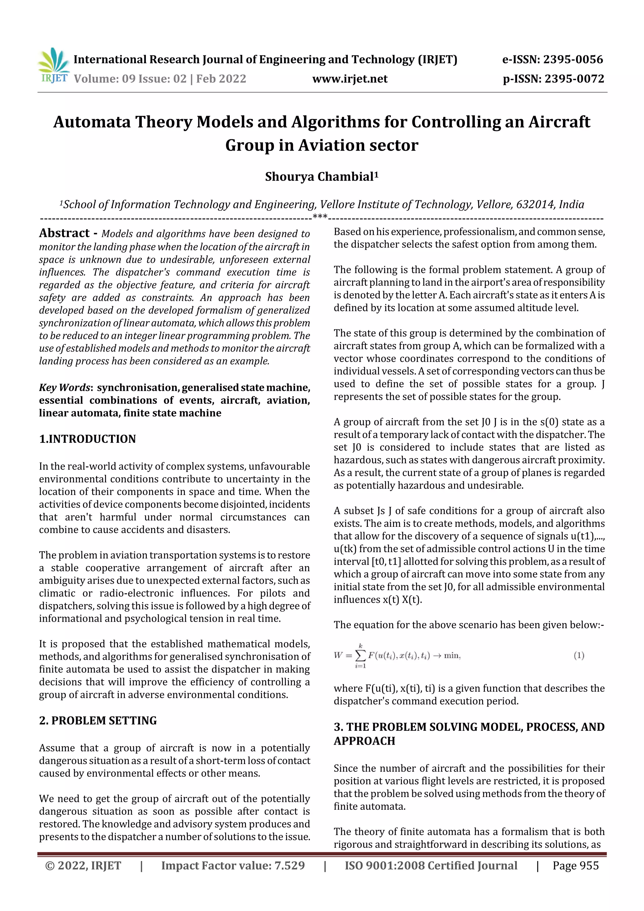Automata Theory Models and Algorithms for Controlling an Aircraft Group in Aviation sector | PDF