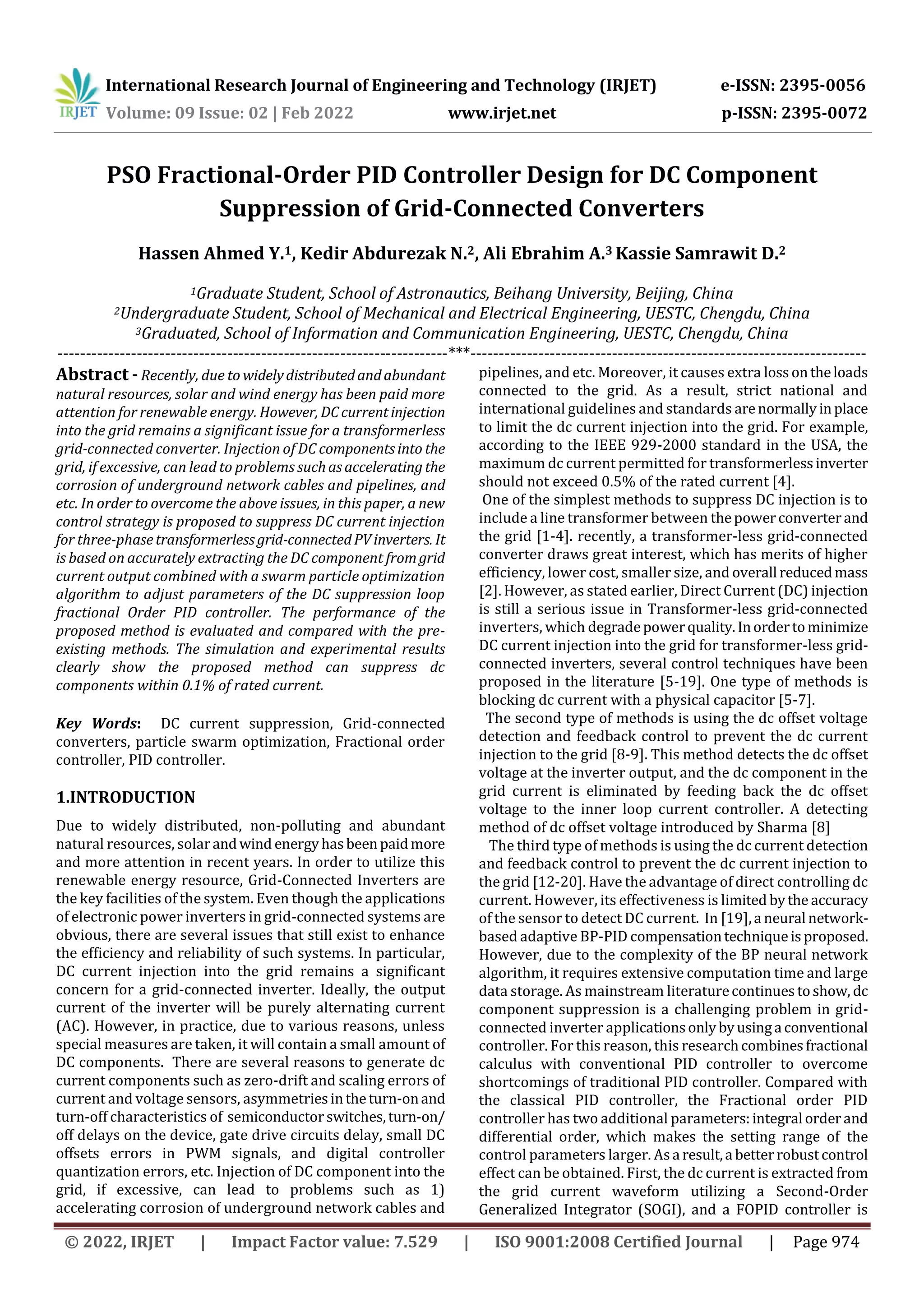 Pso Fractional Order Pid Controller Design For Dc Component Suppression Of Grid Connected