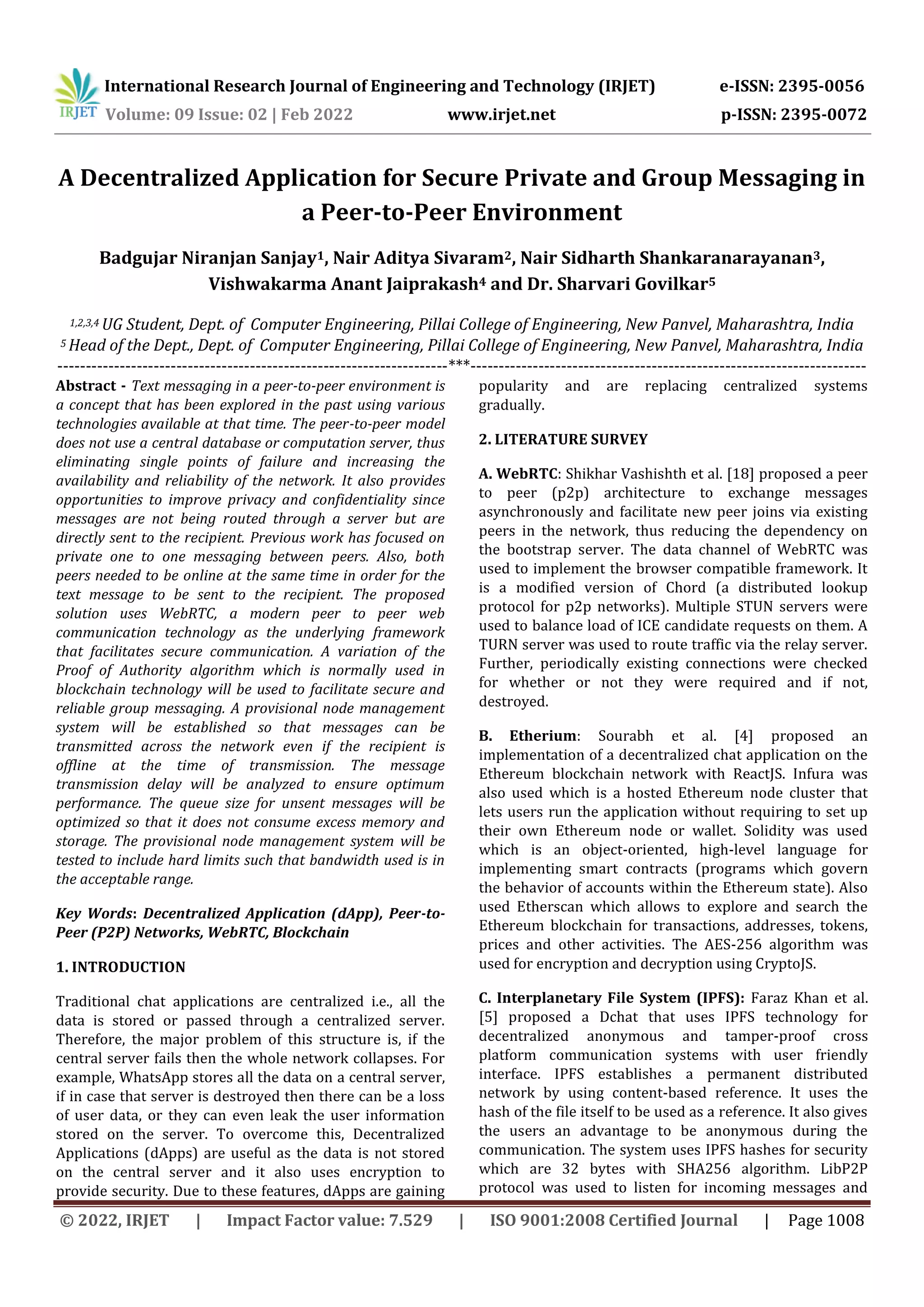 A Decentralized Application for Secure Private and Group Messaging in a Peer-to-Peer Environment ...