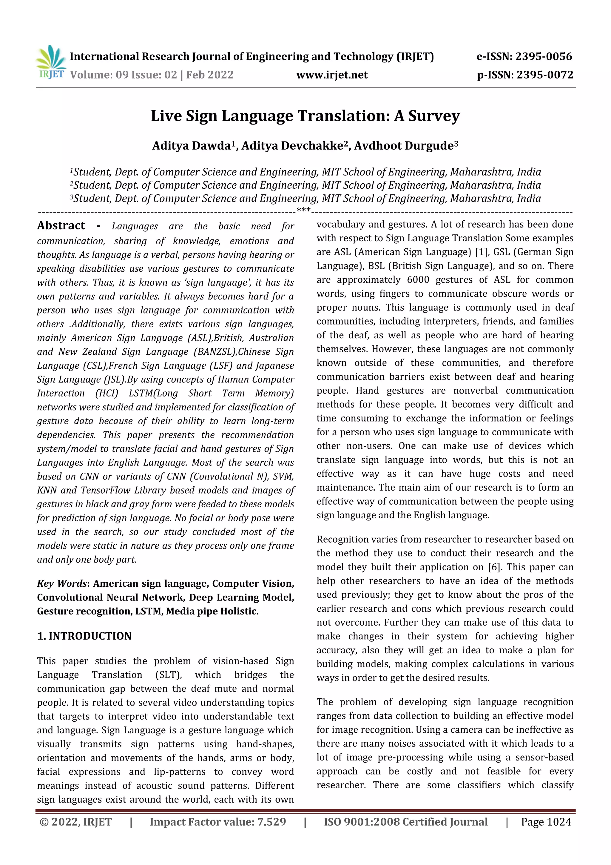 Live Sign Language Translation: A Survey | PDF
