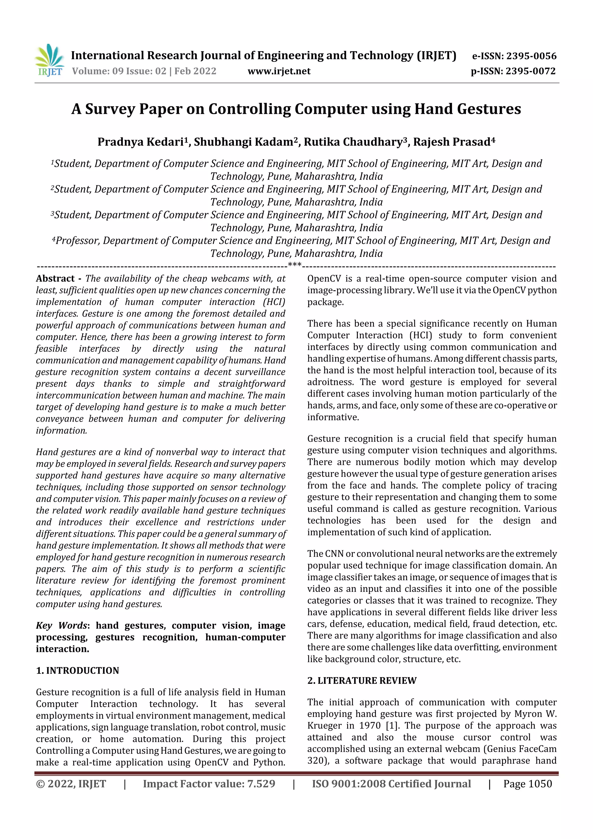 A Survey Paper on Controlling Computer using Hand Gestures | PDF