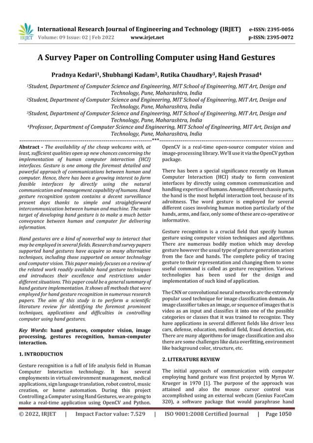 A Survey Paper on Controlling Computer using Hand Gestures | PDF