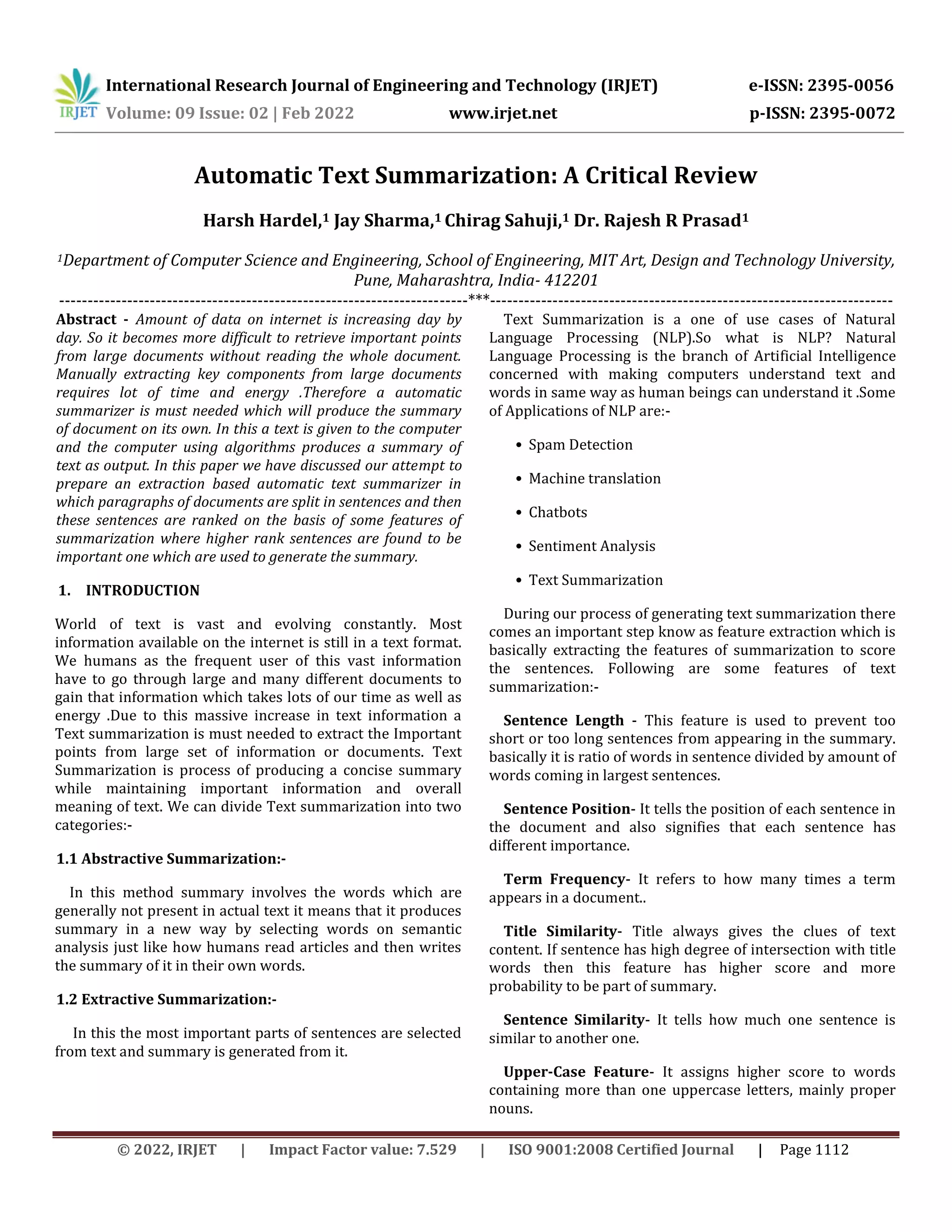 Automatic Text Summarization A Critical Review Pdf