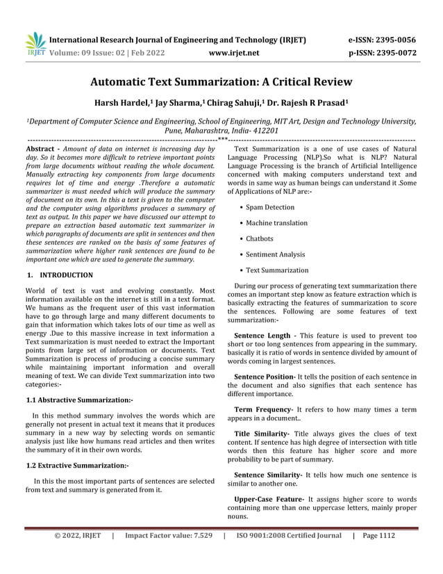 Automatic Text Summarization: A Critical Review | PDF