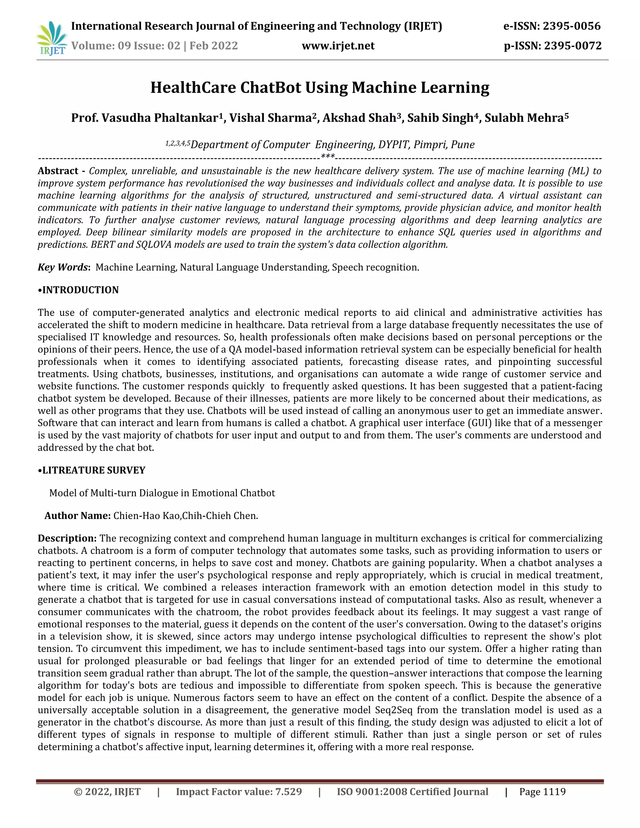 HealthCare ChatBot Using Machine Learning | PDF