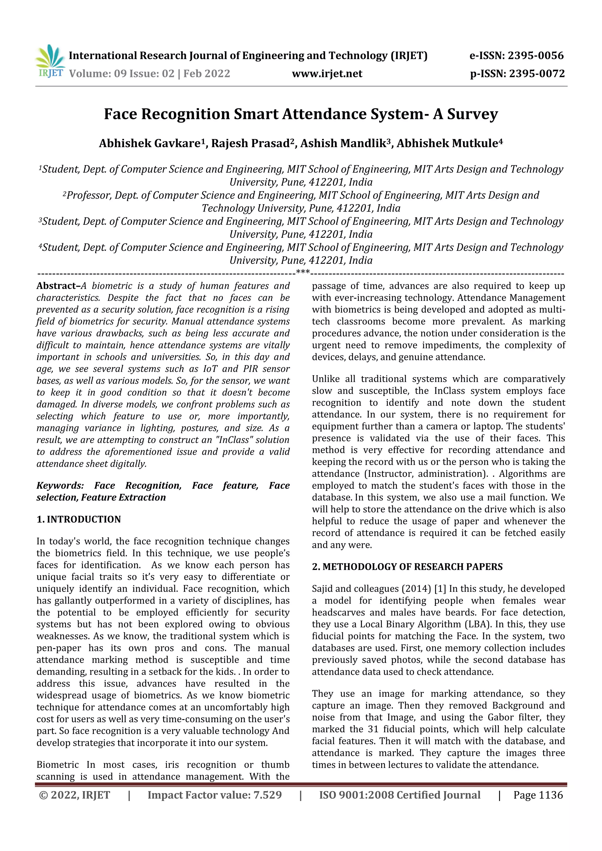 Face Recognition Smart Attendance System- A Survey | PDF