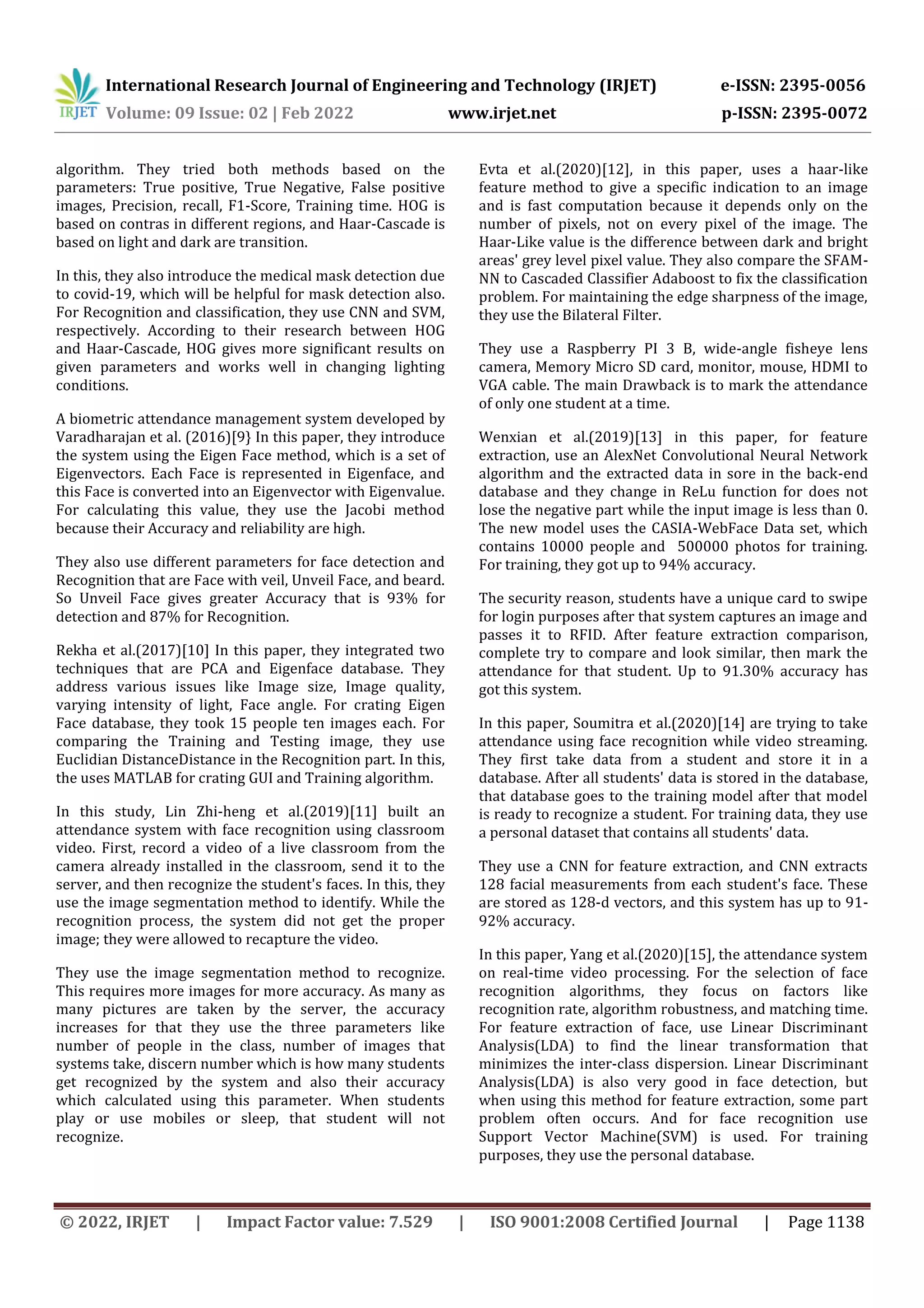 Face Recognition Smart Attendance System- A Survey | PDF