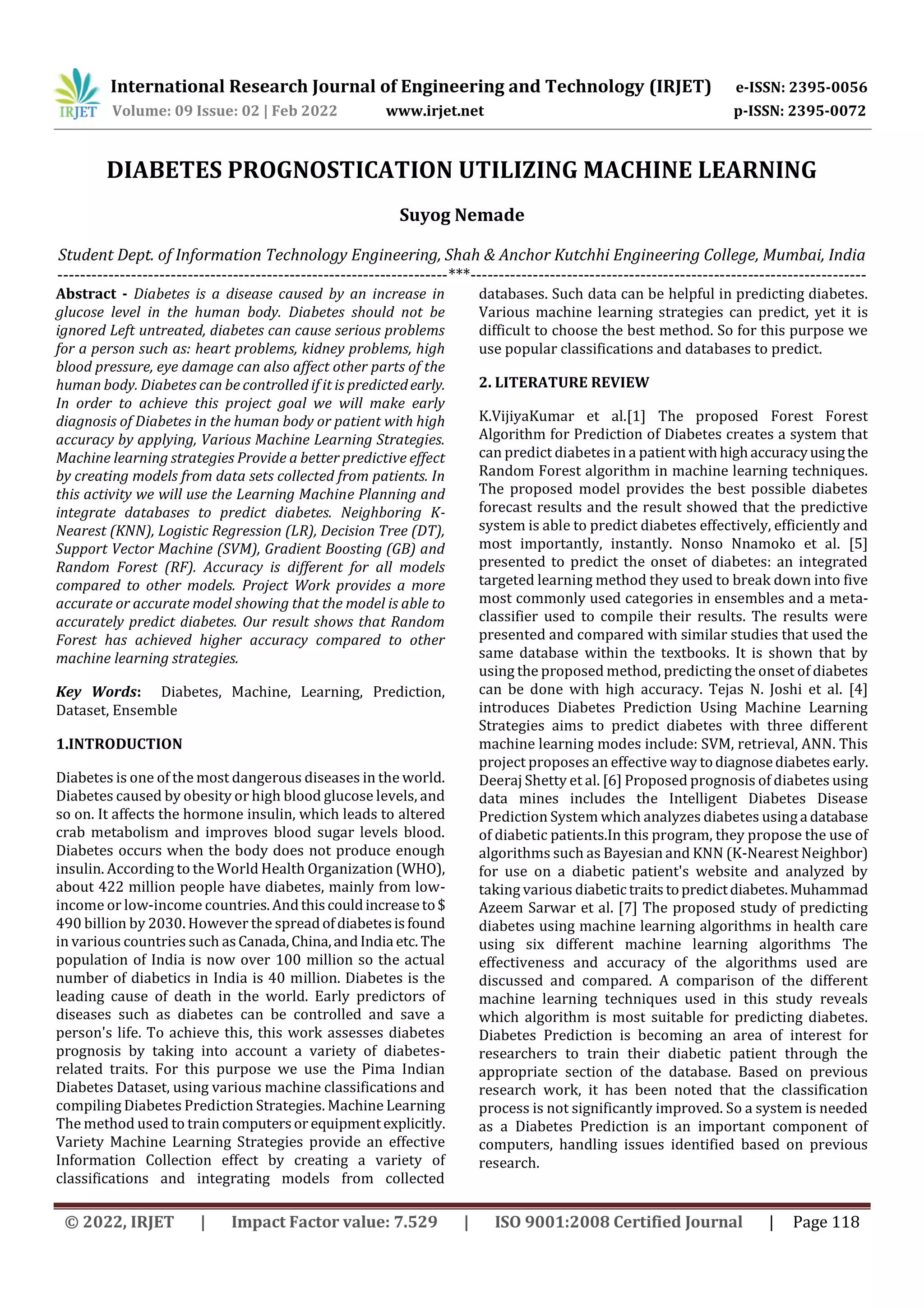 DIABETES PROGNOSTICATION UTILIZING MACHINE LEARNING | PDF