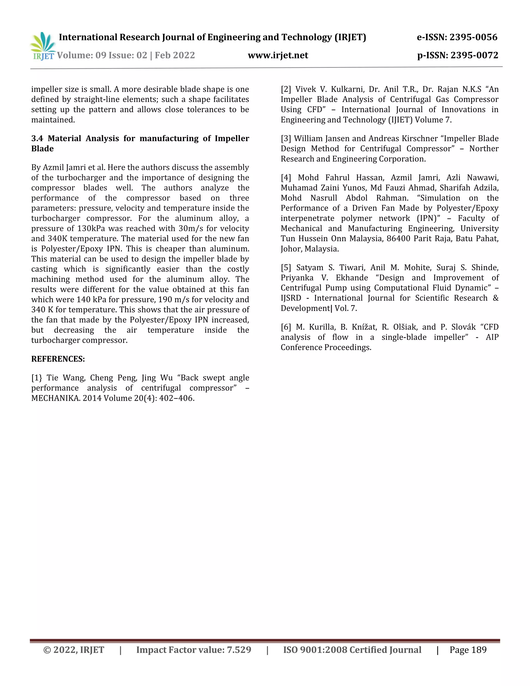 CFX ANALYSIS OF AN IMPELLER BLADE DESIGN OF CENTRIFUGAL COMPRESSOR | PDF