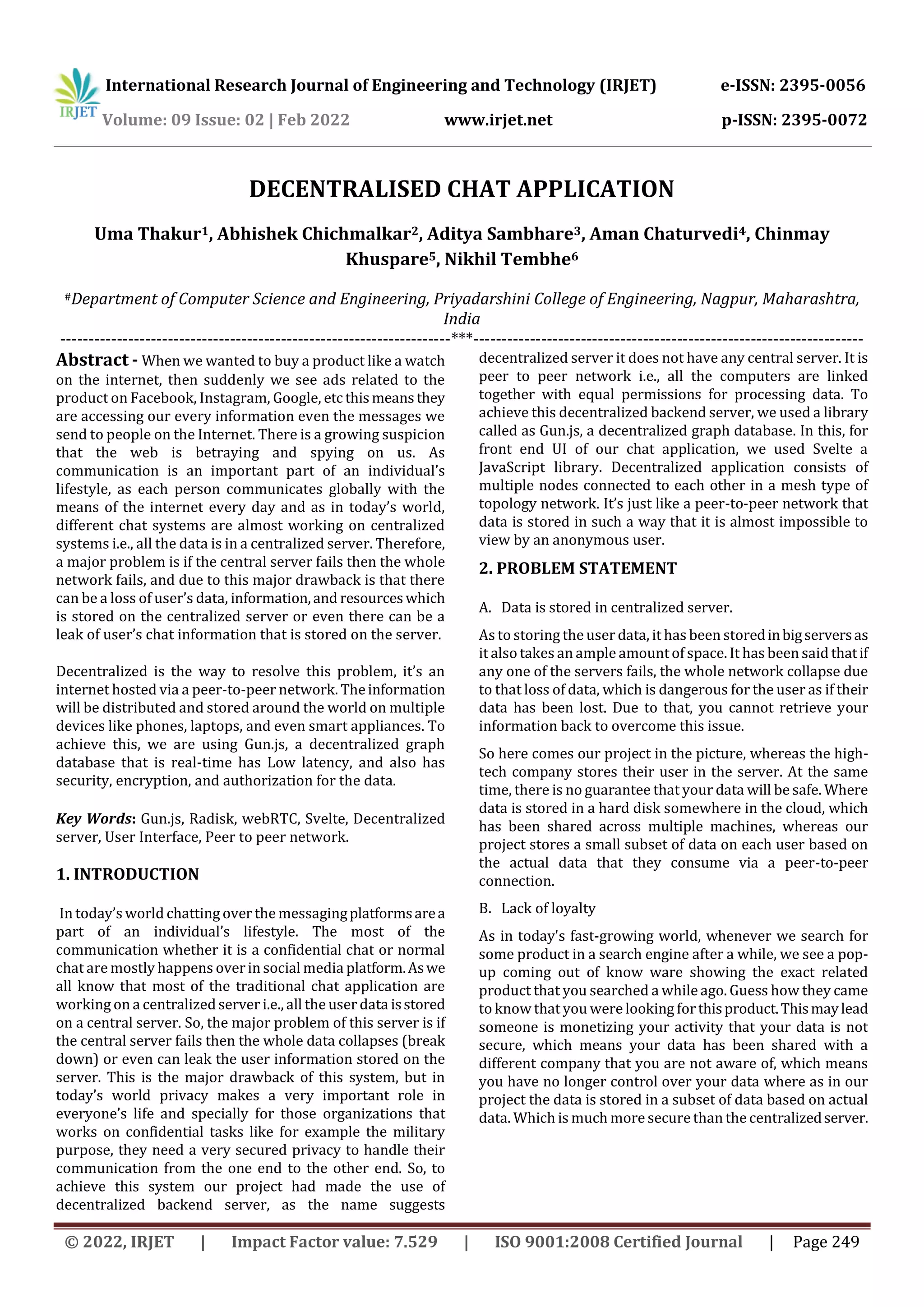 DECENTRALISED CHAT APPLICATION | PDF