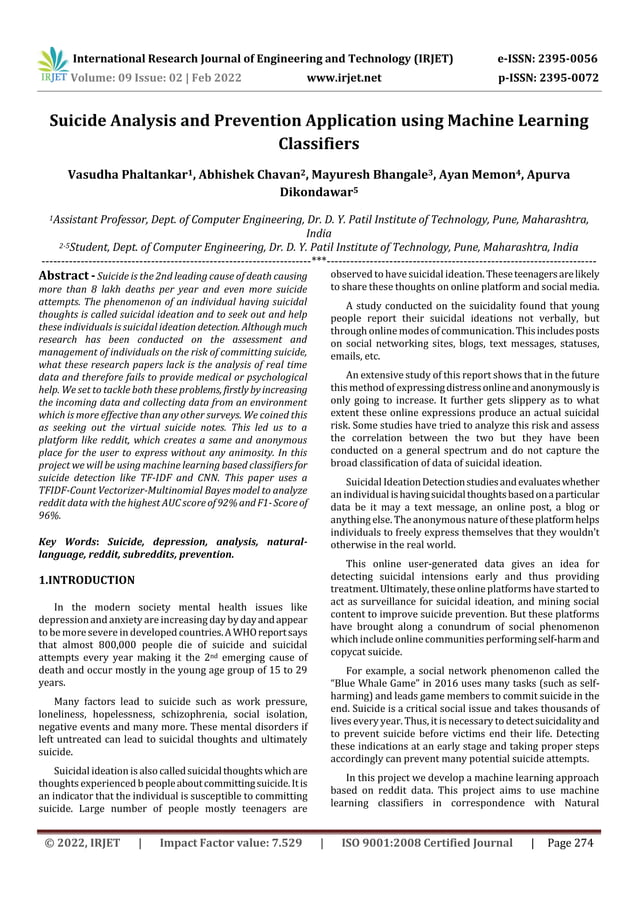 Suicide Analysis and Prevention Application using Machine Learning Classifiers | PDF | Mental ...