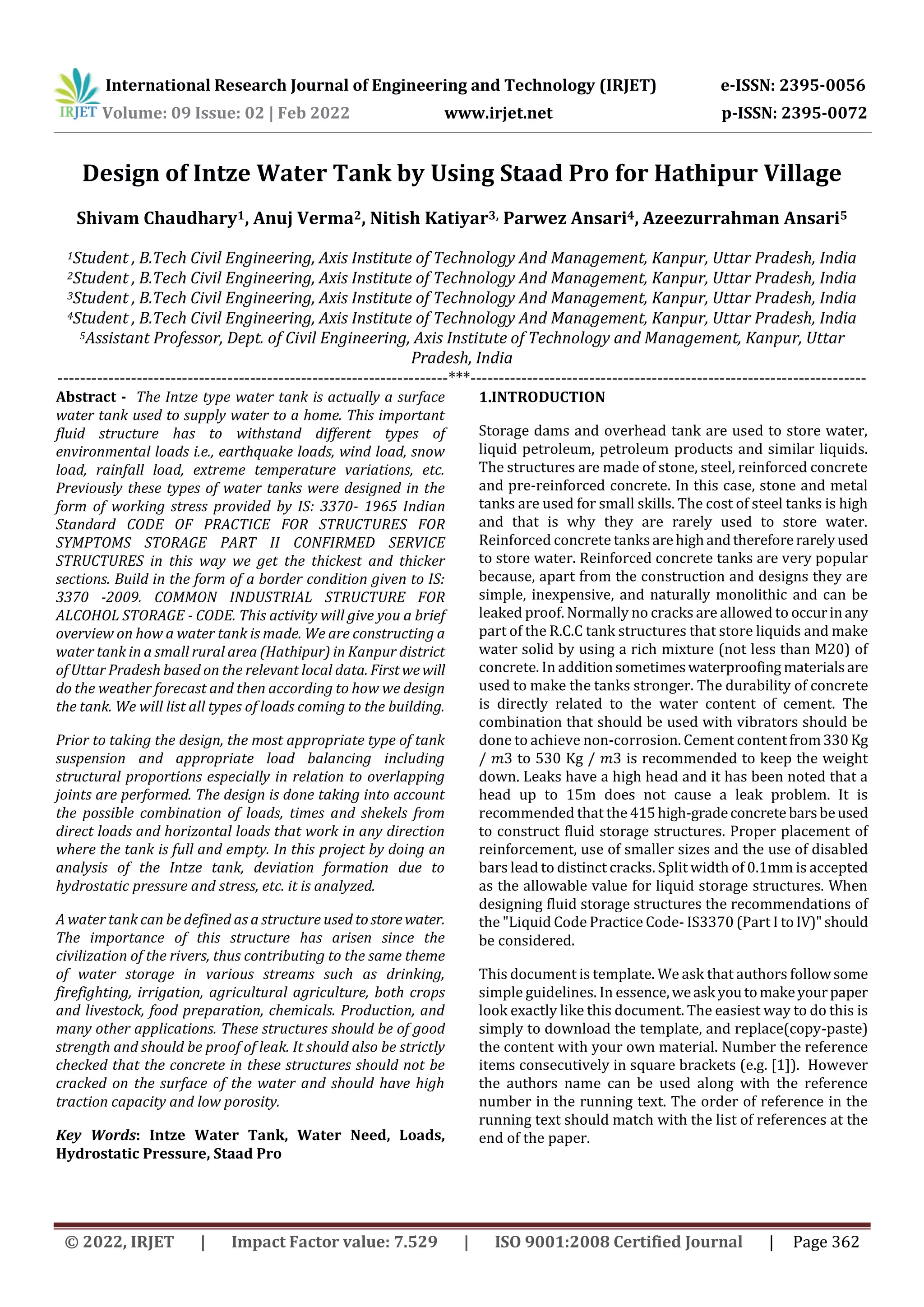 Design of Intze Water Tank by Using Staad Pro for Hathipur Village | PDF