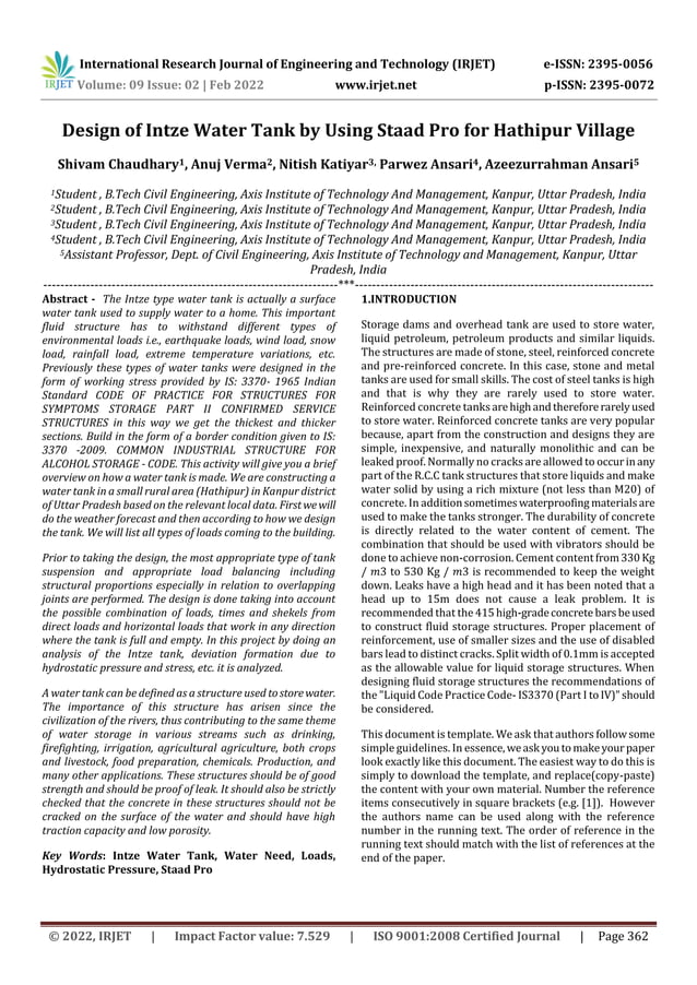 Design of Intze Water Tank by Using Staad Pro for Hathipur Village | PDF