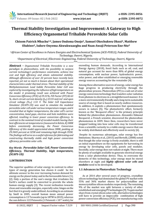 Thermal Stability Investigation and Improvement: A Gateway to High Efficiency Organometal ...