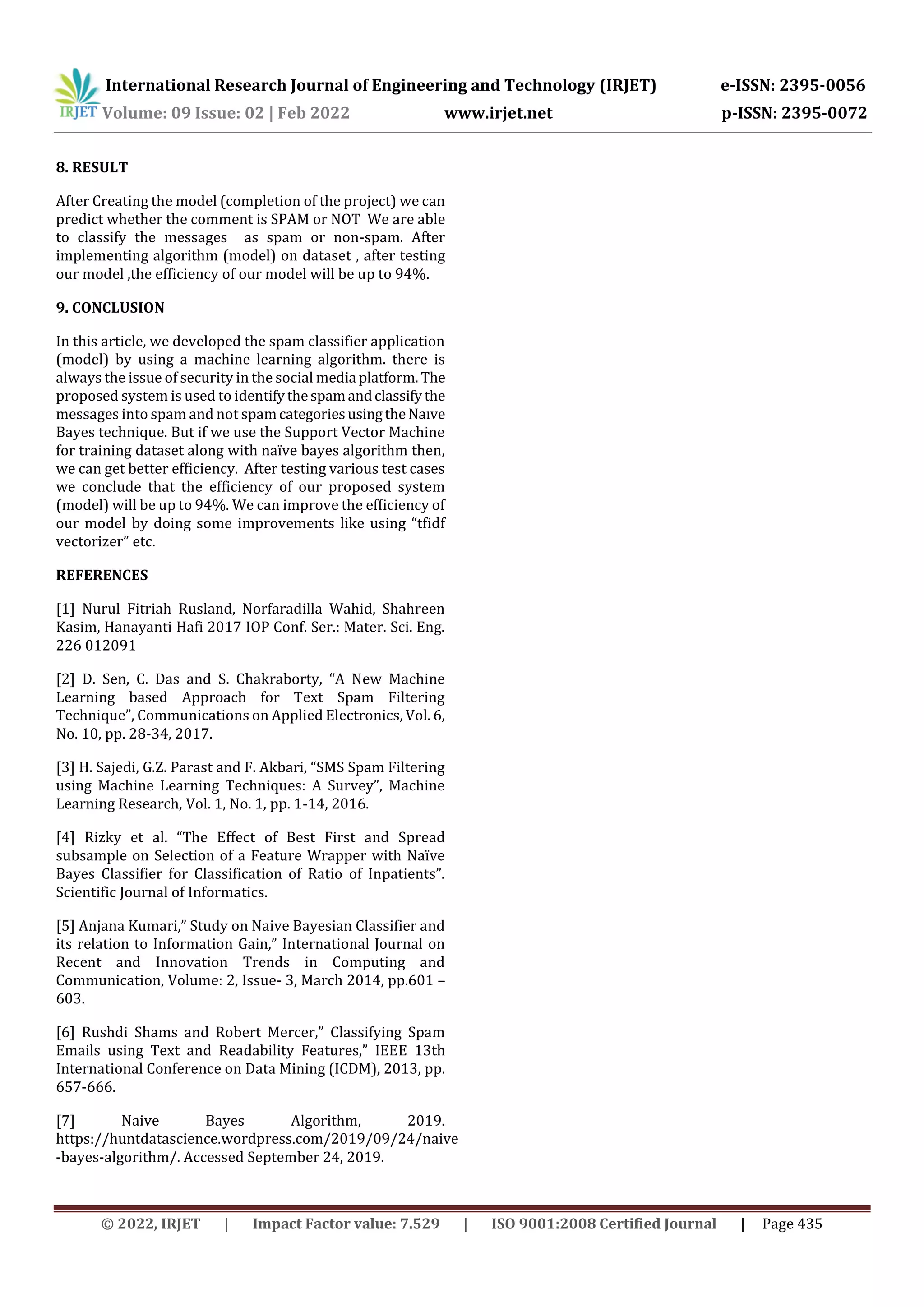 Implementation Of Spam Classifier Using Naïve Bayes Algorithm Pdf Email Internet