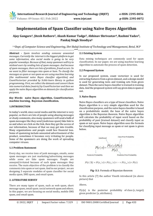 Implementation Of Spam Classifier Using Naïve Bayes Algorithm Pdf