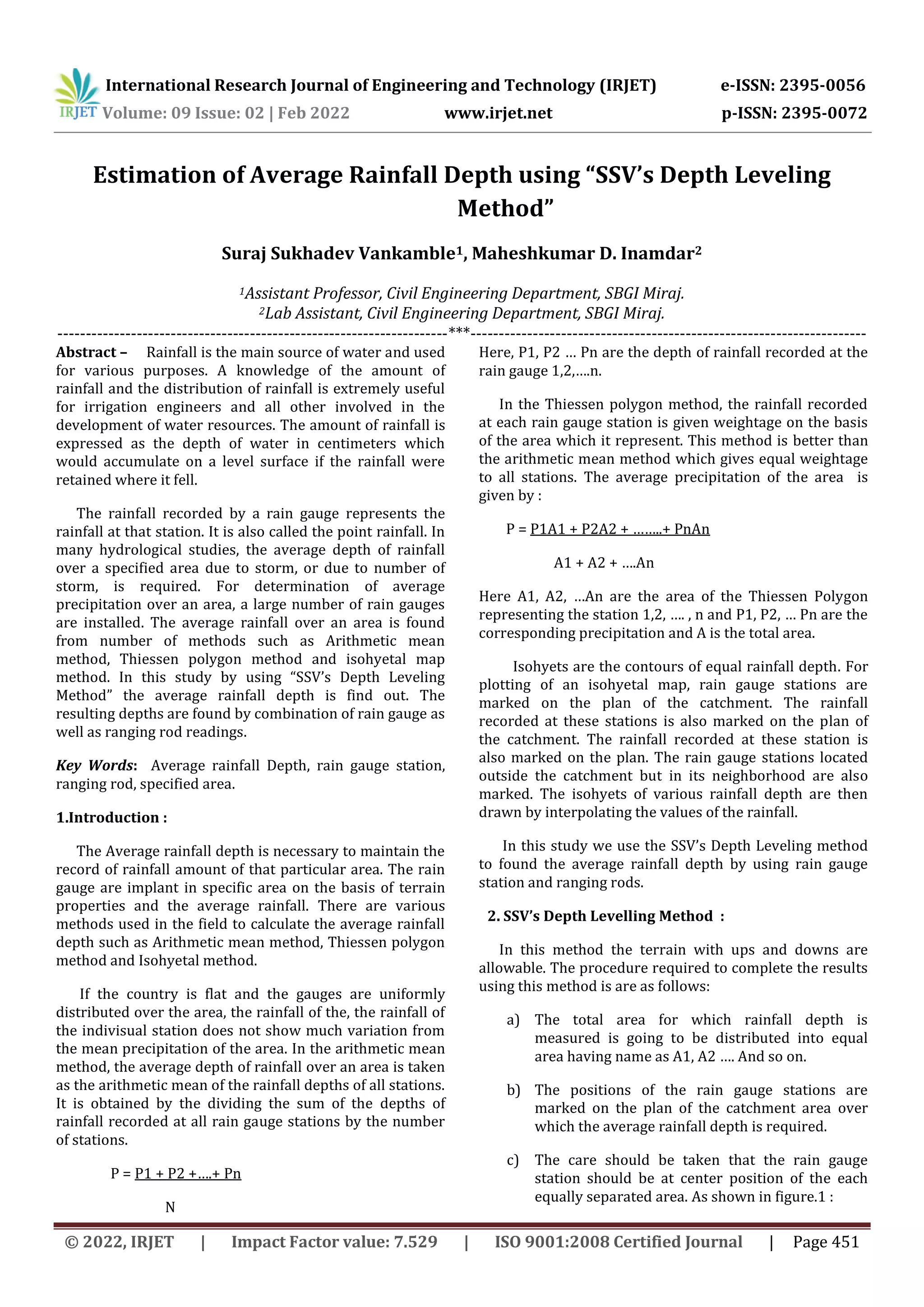 Estimation of Average Rainfall Depth using “SSV’s Depth Leveling Method ...