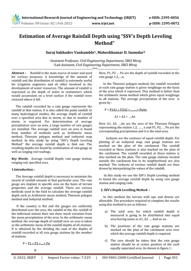 Estimation of Average Rainfall Depth using “SSV’s Depth Leveling Method ...