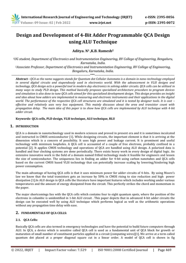 Design and Development of 4-Bit Adder Programmable QCA Design using ALU Technique | PDF