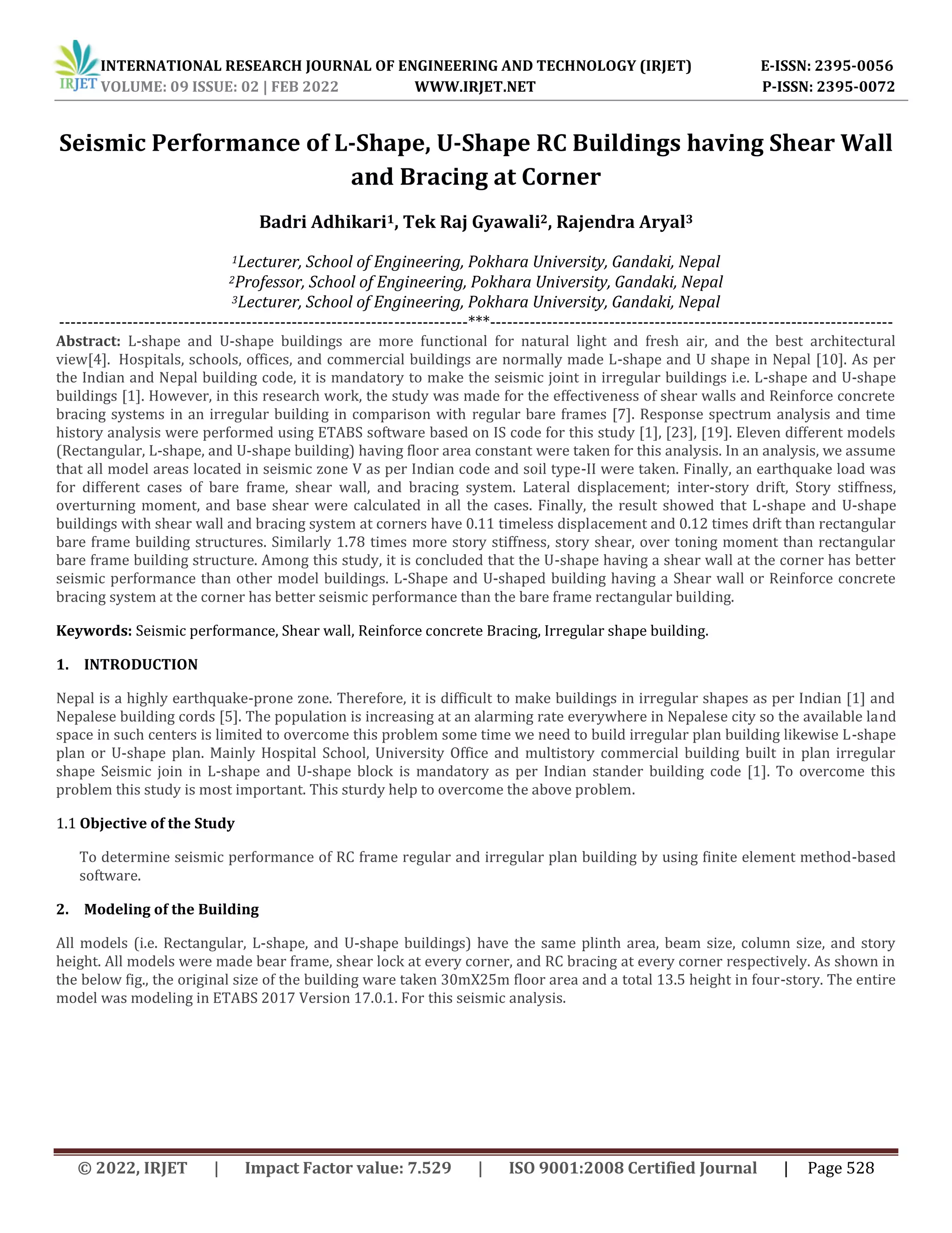 Seismic Performance of L-Shape, U-Shape RC Buildings having Shear Wall and Bracing at Corner ...