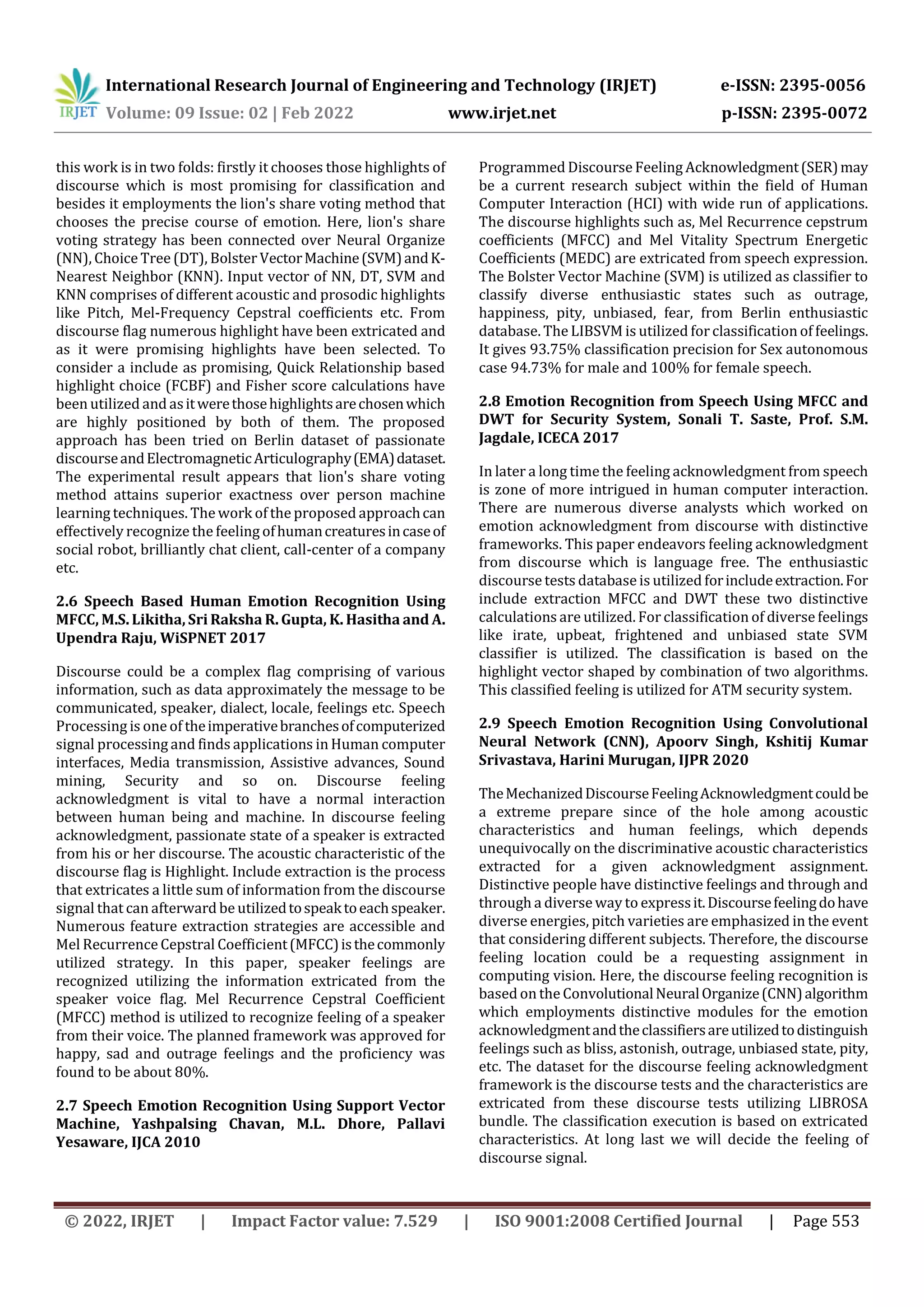A Review Paper on Speech Based Emotion Detection Using Deep Learning | PDF