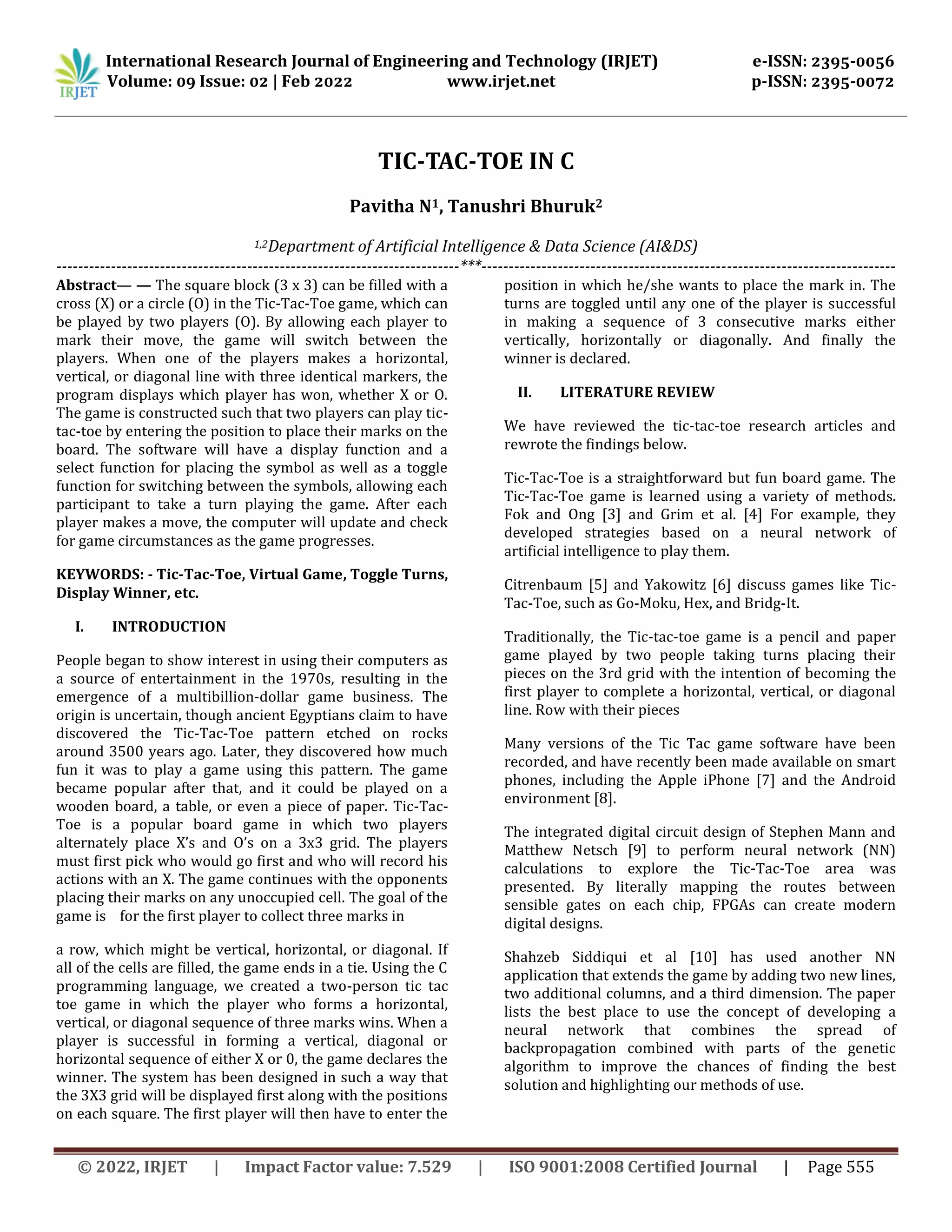 TIC-TAC-TOE IN C | PDF