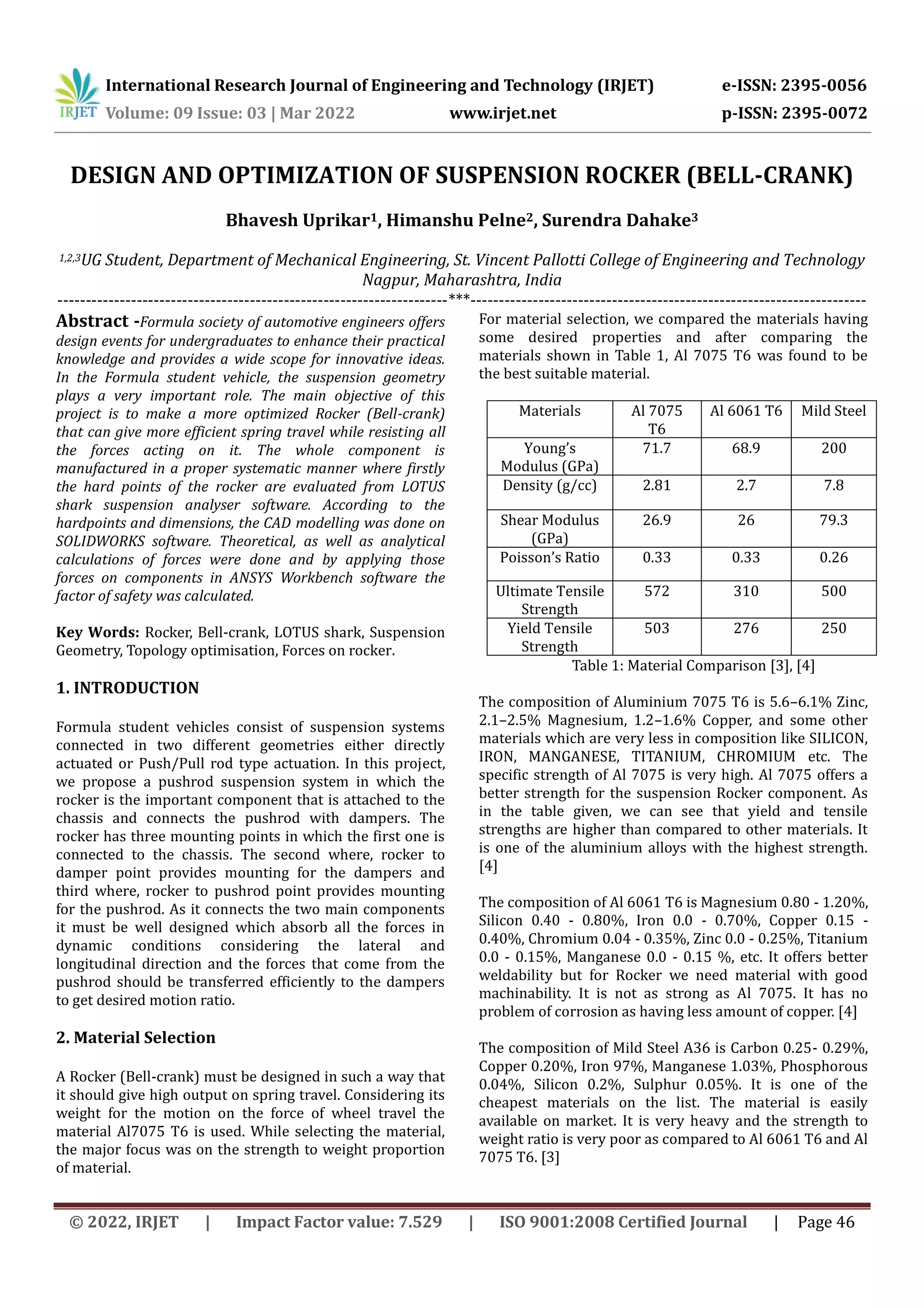 DESIGN AND OPTIMIZATION OF SUSPENSION ROCKER (BELL-CRANK) | PDF