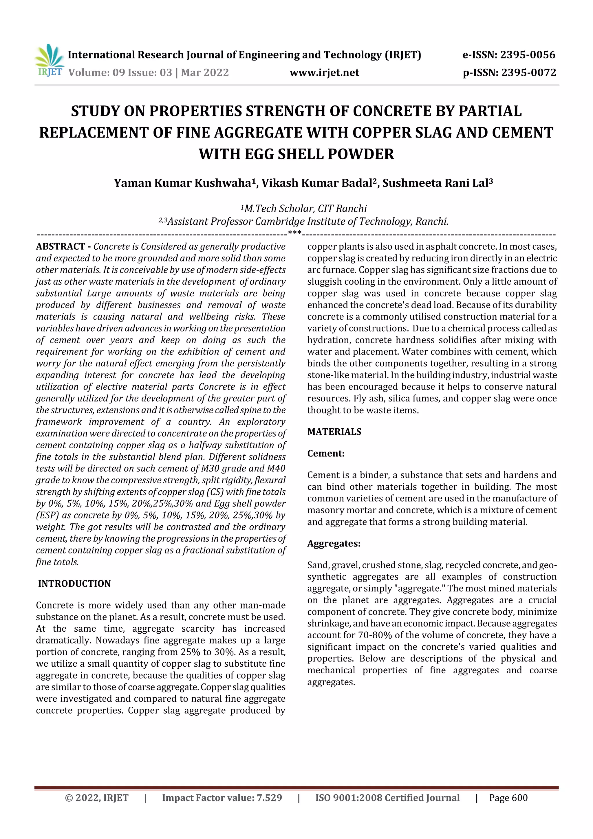 STUDY ON PROPERTIES STRENGTH OF CONCRETE BY PARTIAL REPLACEMENT OF FINE ...