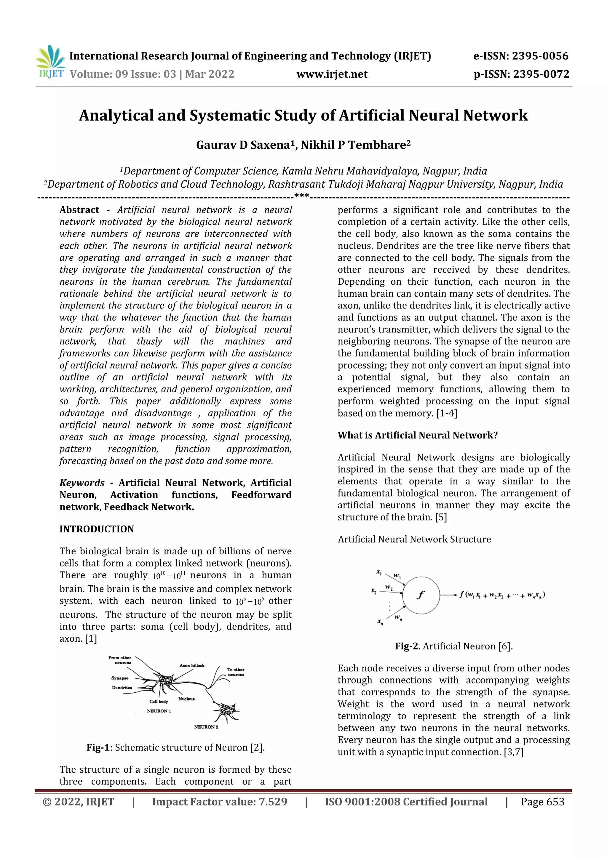 Analytical and Systematic Study of Artificial Neural Network | PDF