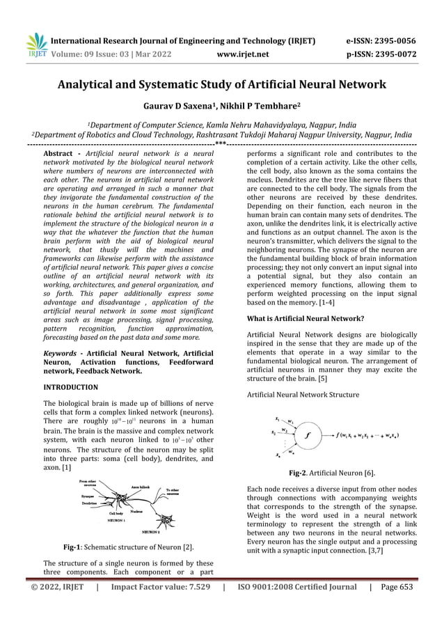 Analytical and Systematic Study of Artificial Neural Network | PDF