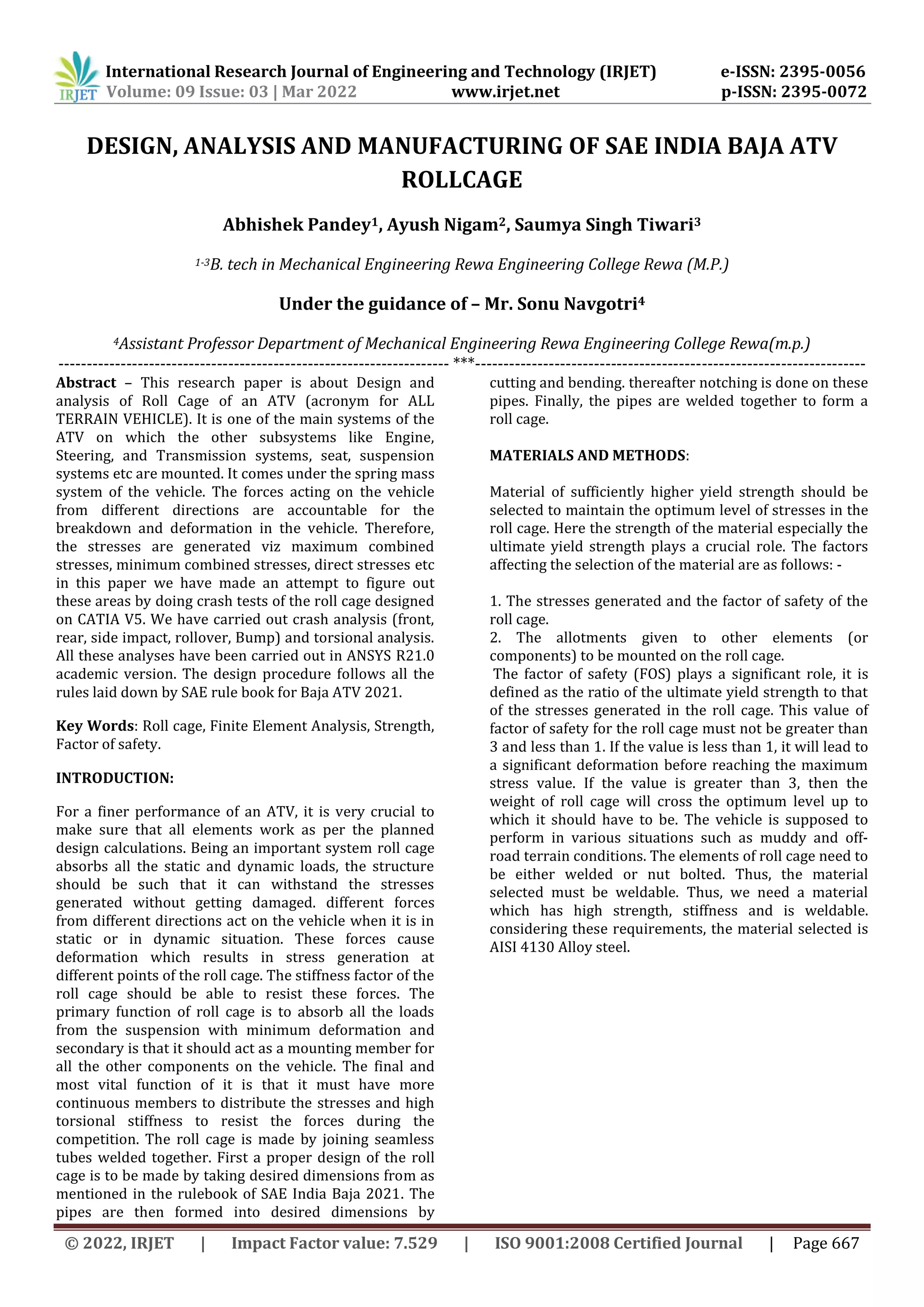 DESIGN, ANALYSIS AND MANUFACTURING OF SAE INDIA BAJA ATV ROLLCAGE | PDF