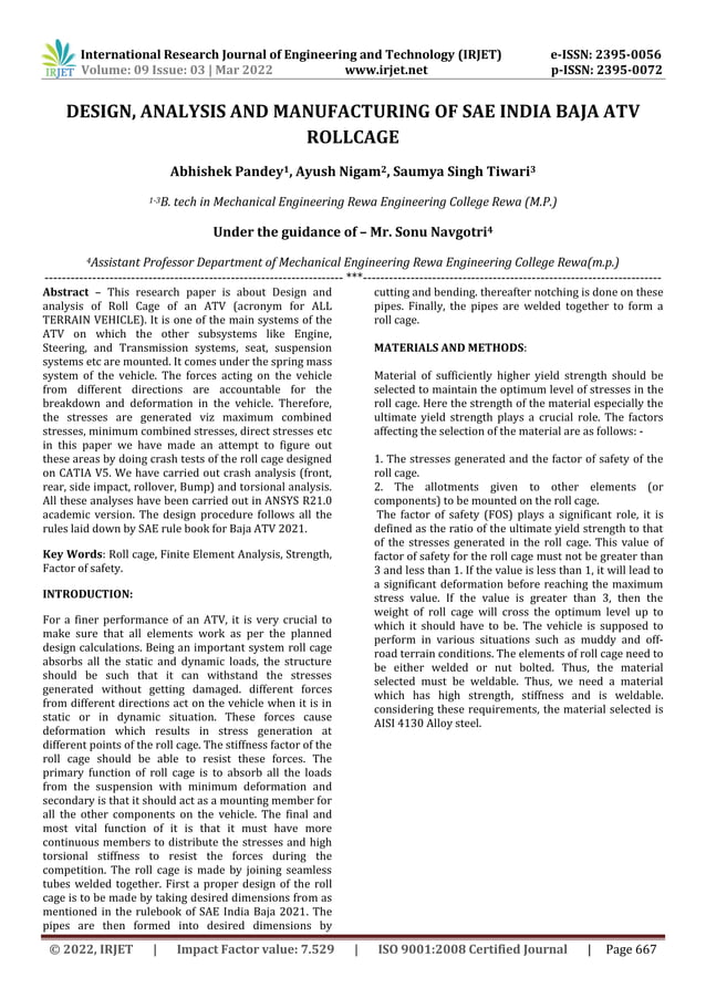 DESIGN, ANALYSIS AND MANUFACTURING OF SAE INDIA BAJA ATV ROLLCAGE | PDF