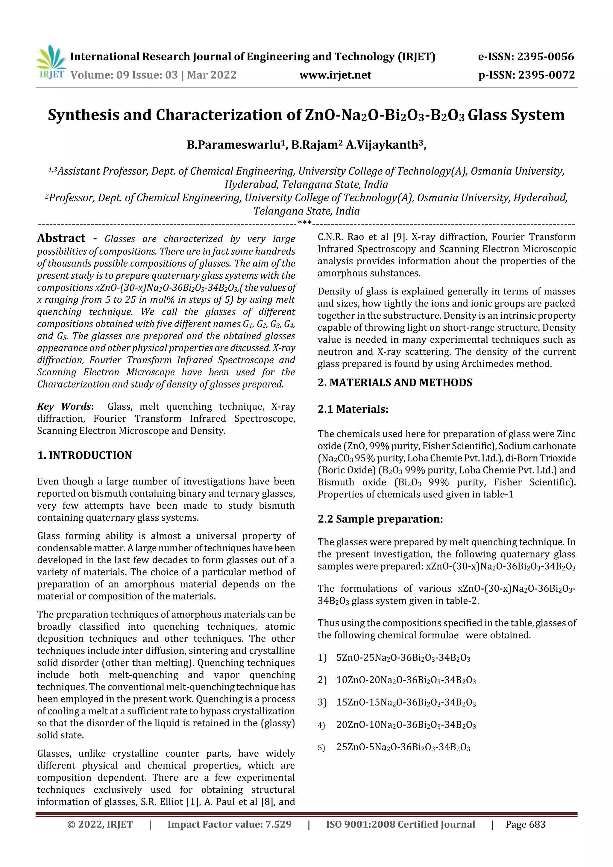 Synthesis and Characterization of ZnO-Na2O-Bi2O3-B2O3 Glass System | PDF