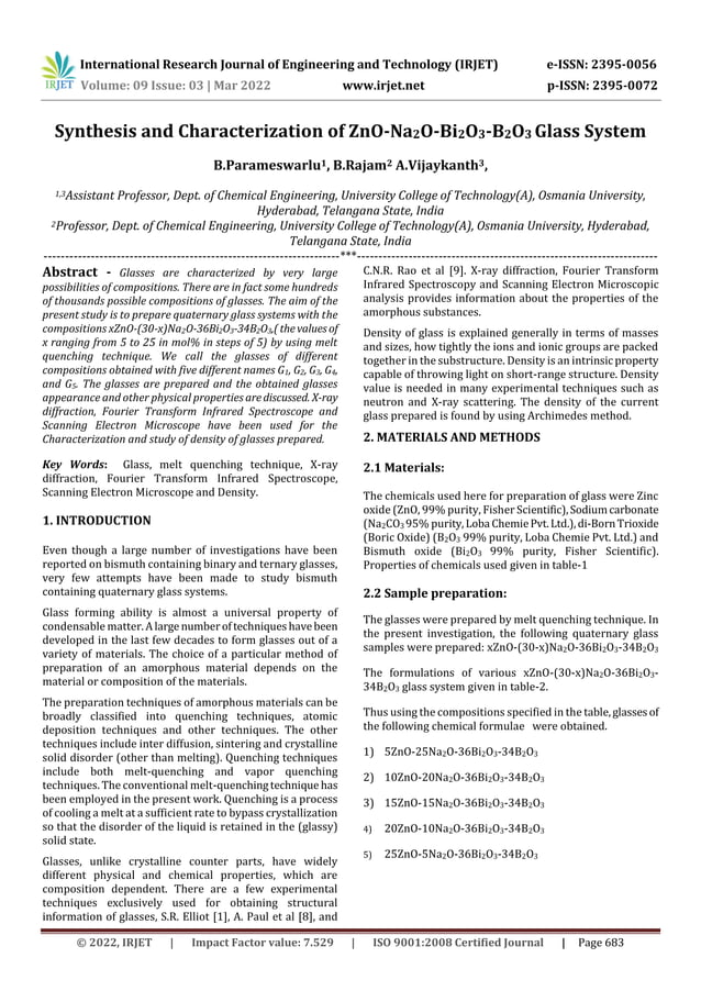 Synthesis and Characterization of ZnO-Na2O-Bi2O3-B2O3 Glass System | PDF