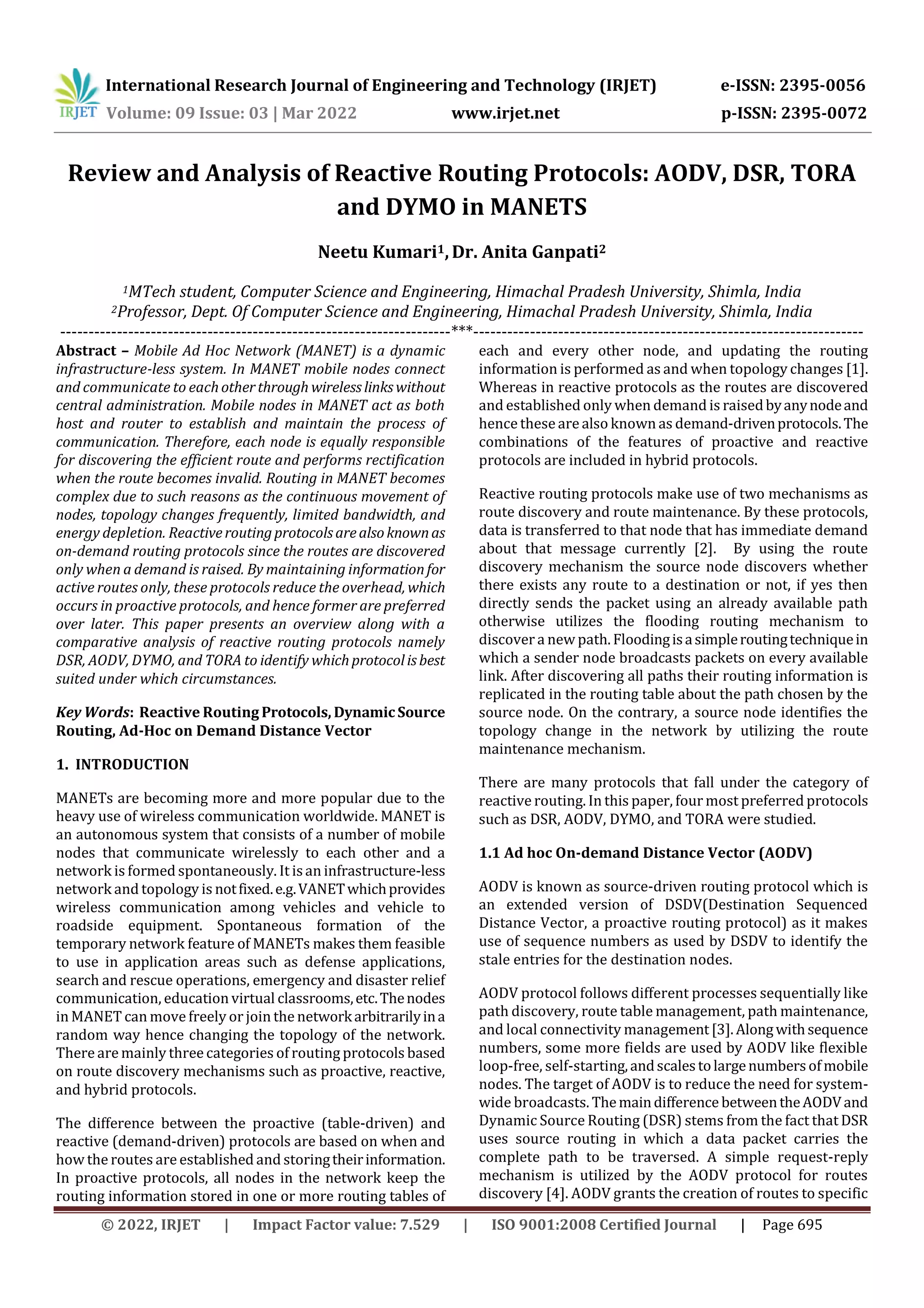 Review And Analysis Of Reactive Routing Protocols Aodv Dsr Tora And Dymo In Manets Pdf