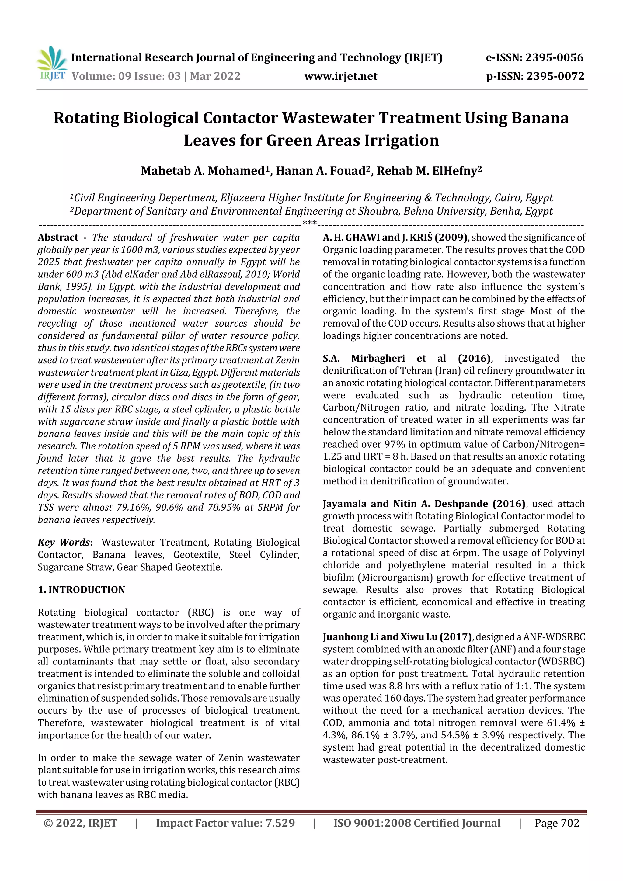 Rotating Biological Contactor Wastewater Treatment Using Banana Leaves ...