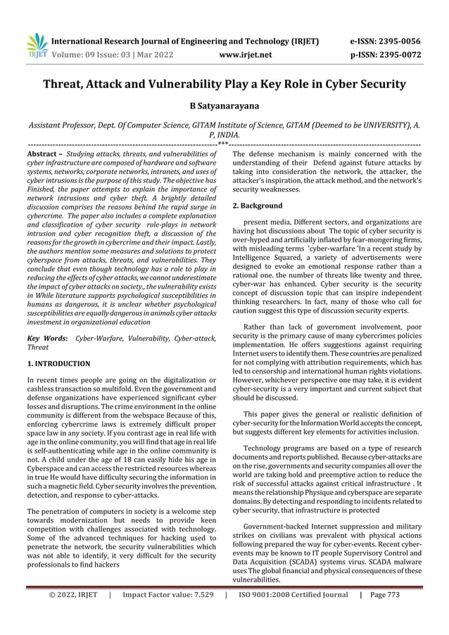 Threat, Attack and Vulnerability Play a Key Role in Cyber Security | PDF