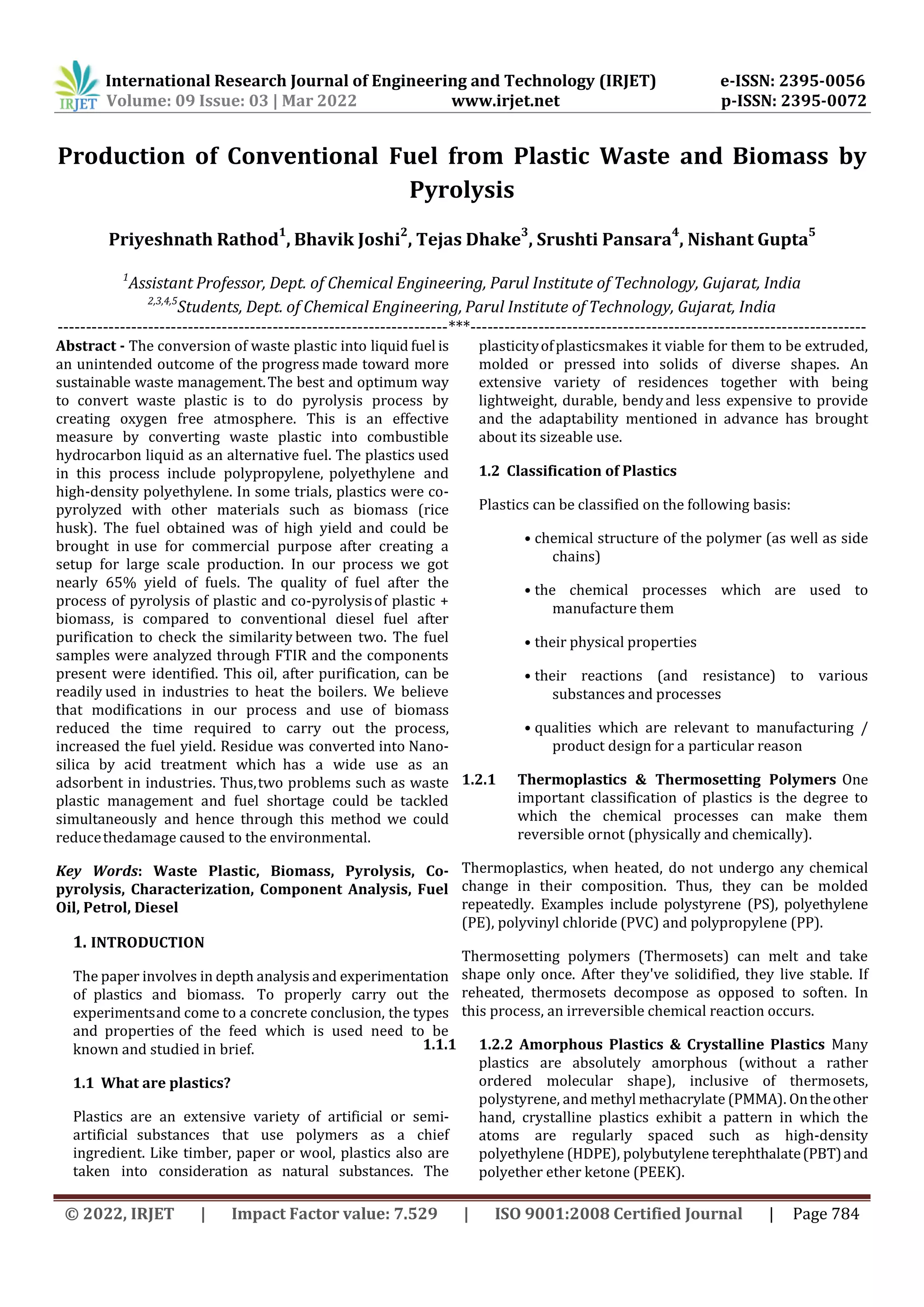 Production of Conventional Fuel from Plastic Waste and Biomass by Pyrolysis | PDF